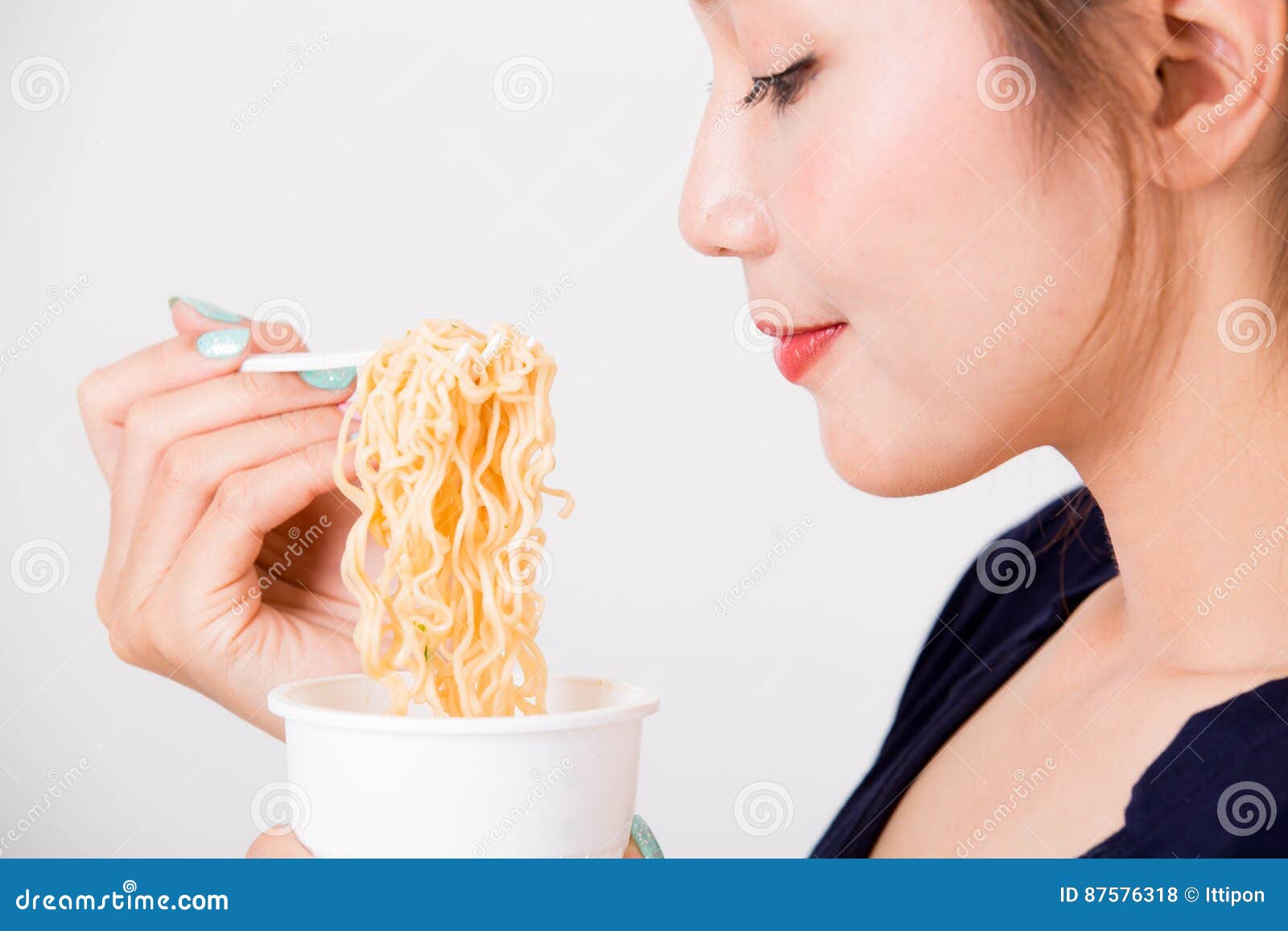 Young Beautiful Asian Girl Eating Instant Noodle Stock Photo - Image of ...