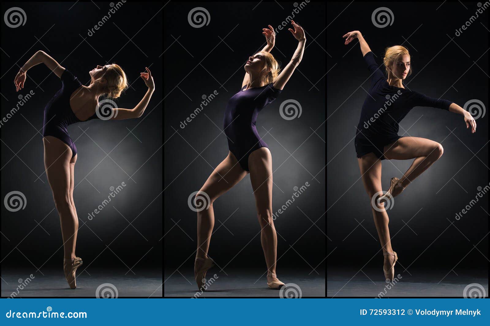 The Young Beautiful Ballerina Dancing on a Black Background. Collage ...
