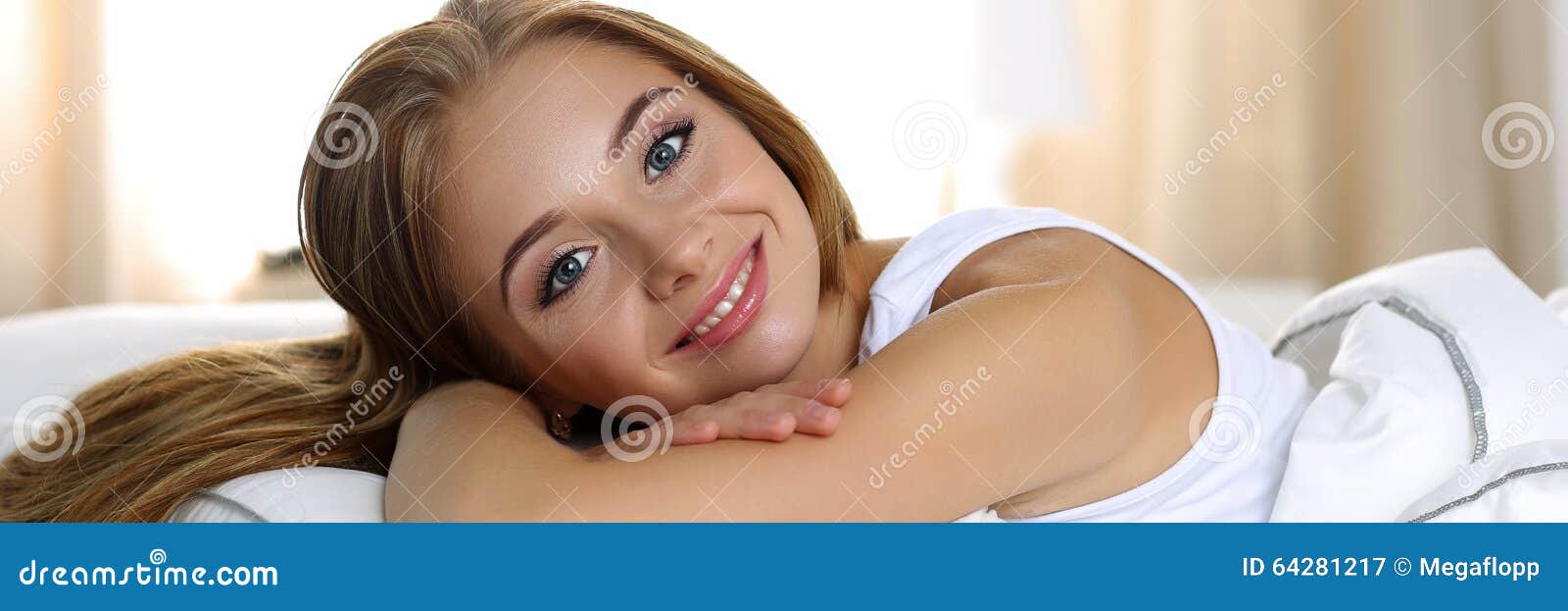 Young Beautiful Blonde Smiling Woman Portrait Wake Up Early Morn Stock