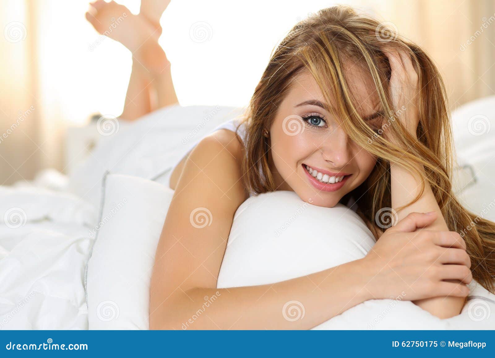 Young Beautiful Blonde Smiling Woman Portrait Wake Up Early Morn Stock