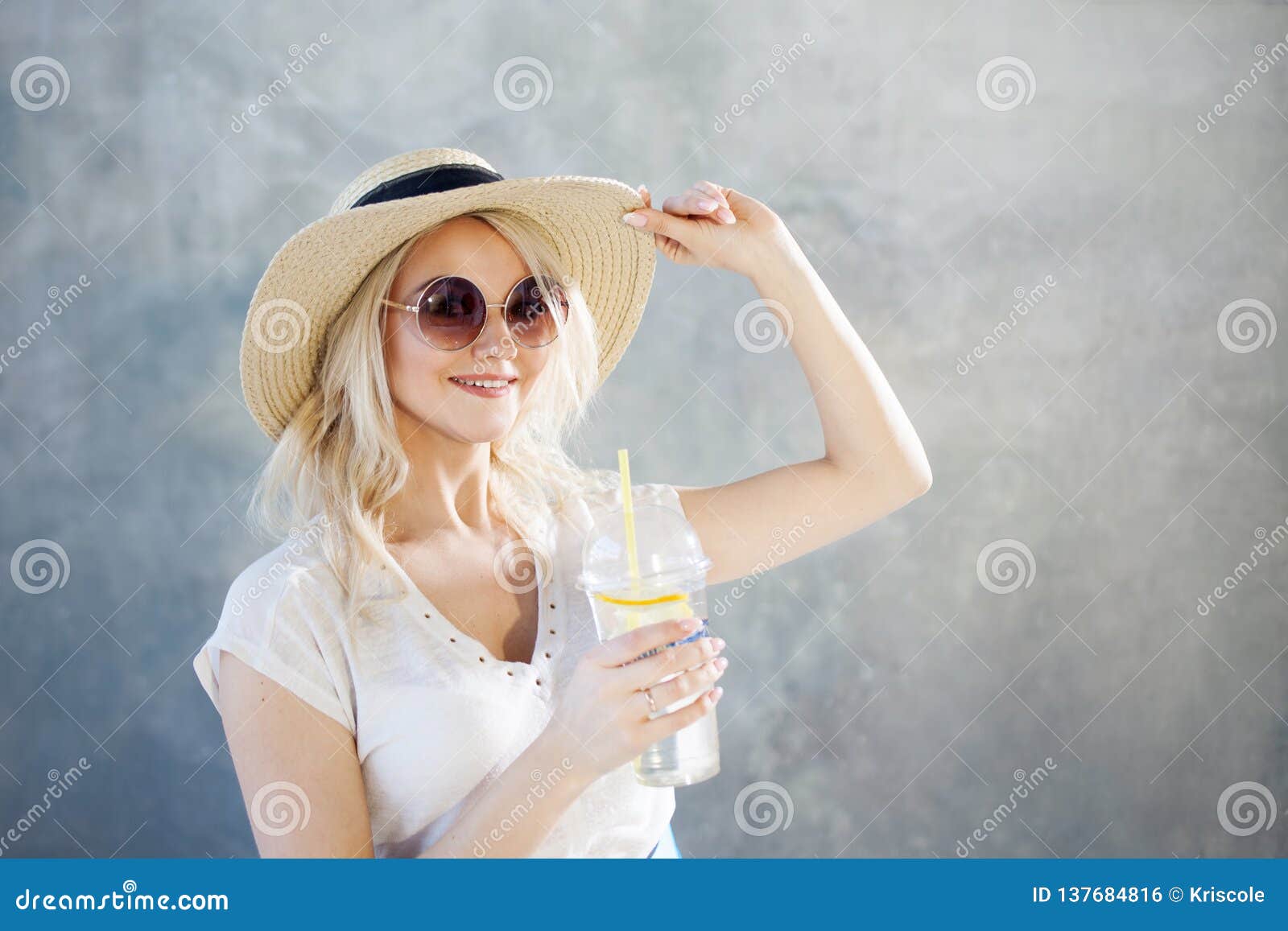 Young Beautiful Blonde Woman In Straw Hat Summer Style Sunglasses