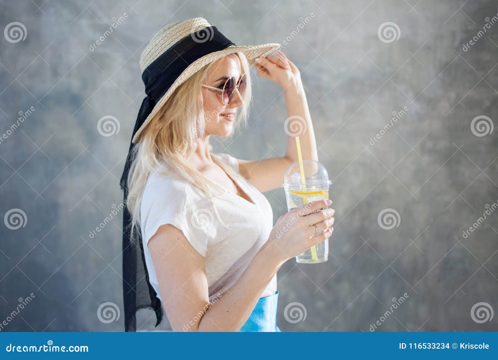 Young Beautiful Blonde Woman In Straw Hat Summer Style Sunglasses