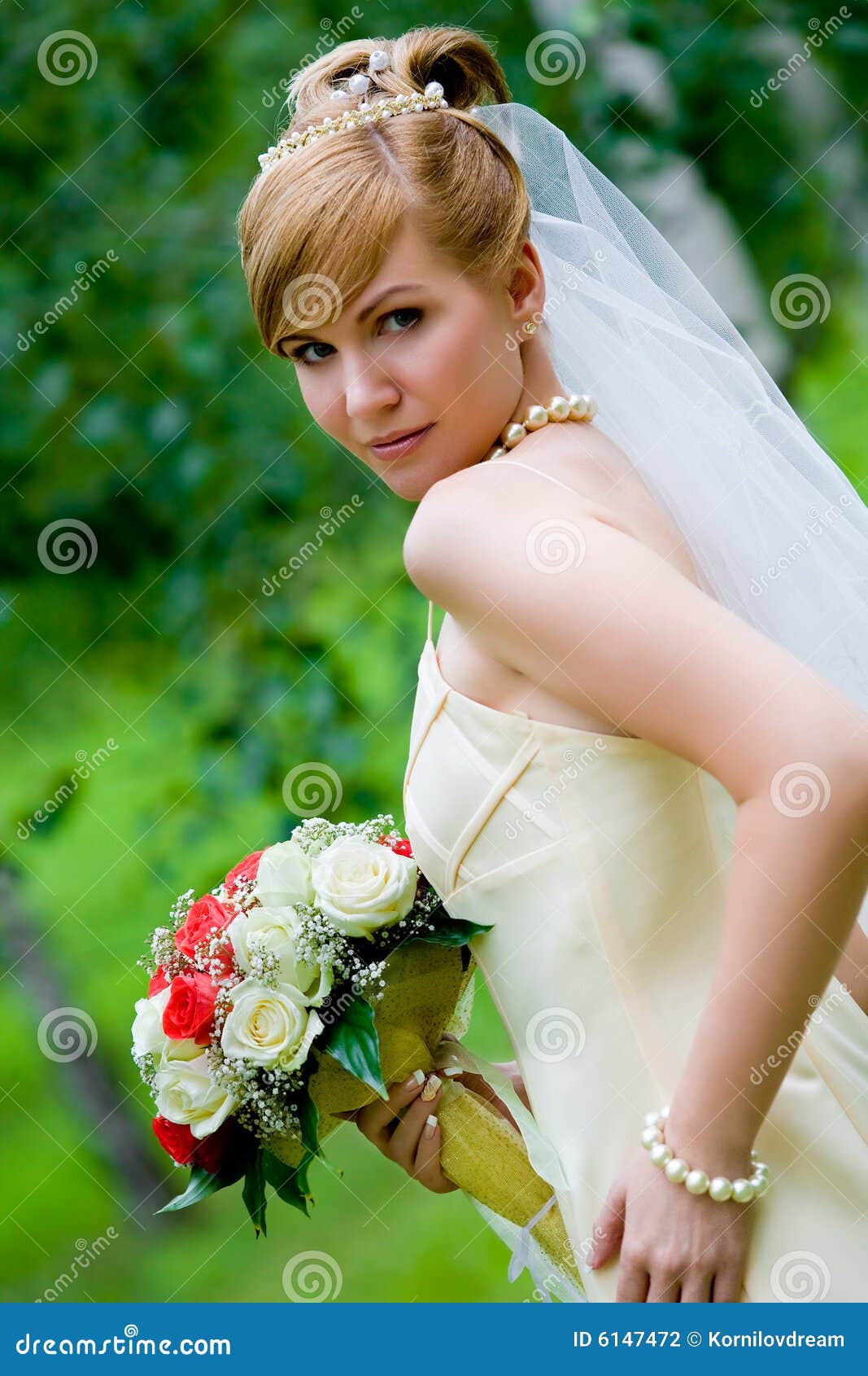 Young Beautiful Bride with Flowers Outdoor Stock Photo - Image of hand ...