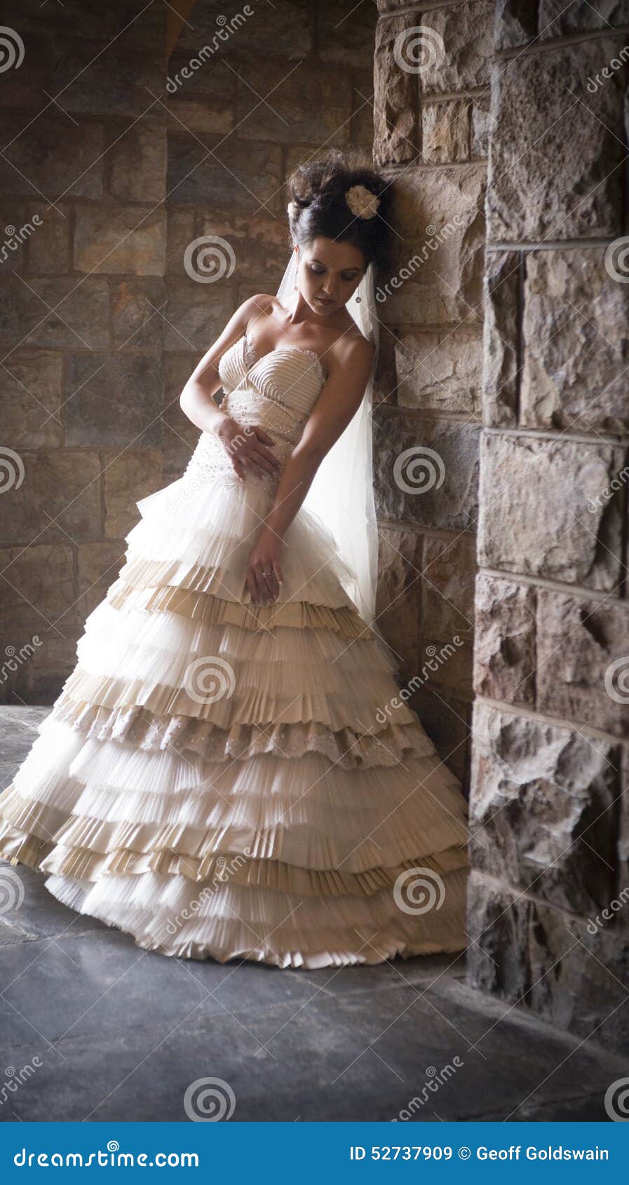 Young Beautiful Bride Leaning Against Stone Pillar Stock Image - Image ...