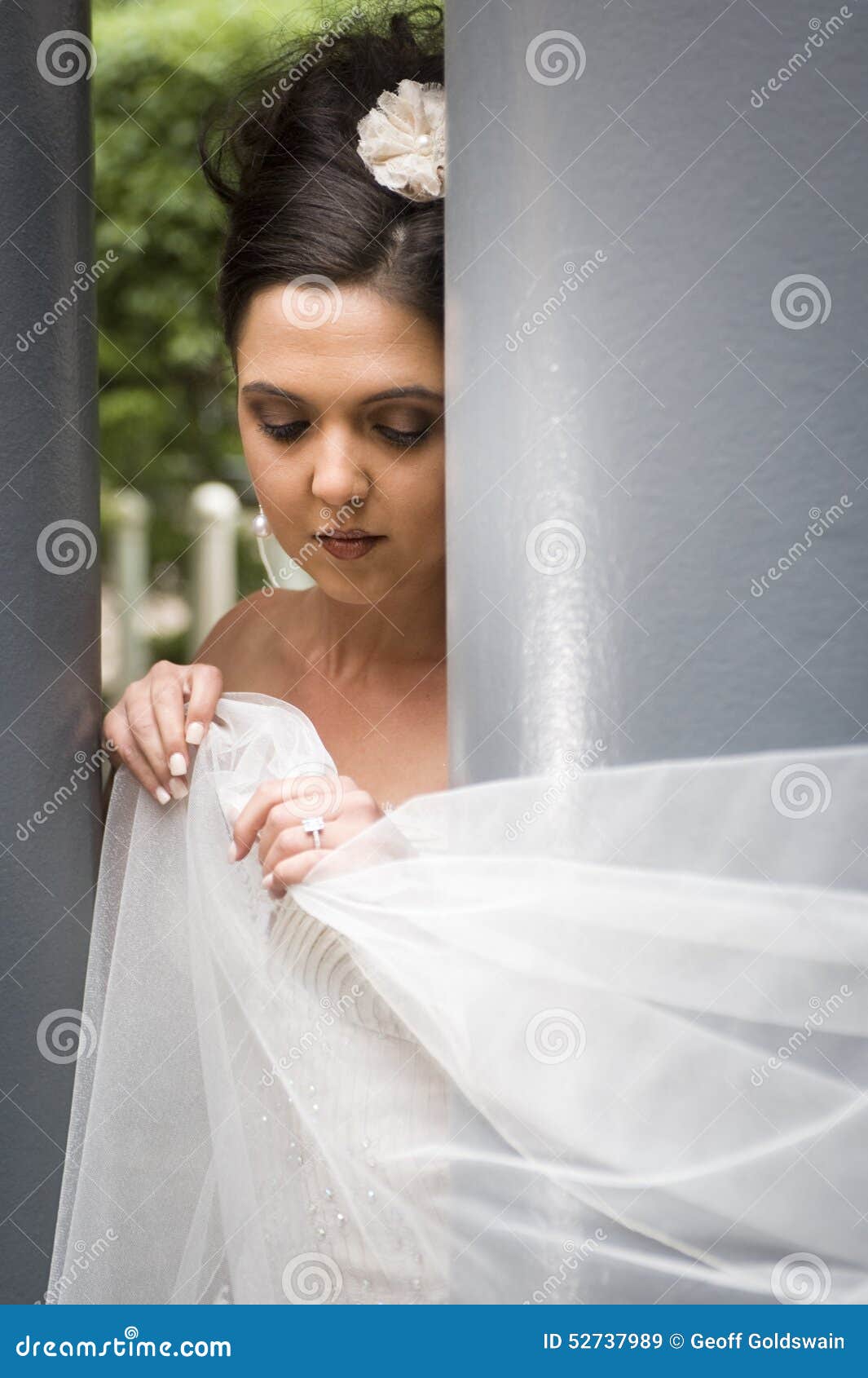 Young Beautiful Bride Leaning between Two Stone Pillars Stock Image ...