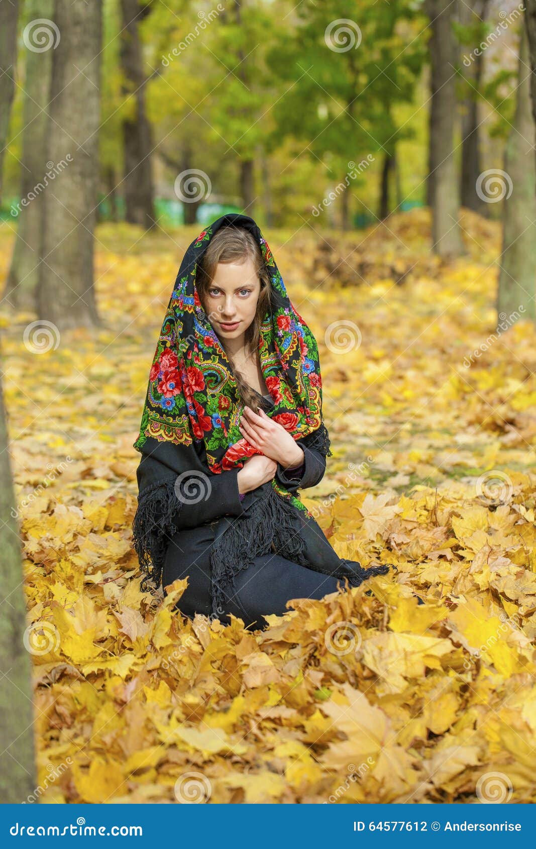 Young Beautiful Brunette Woman Posing Outdoors In Autumn Park Stock