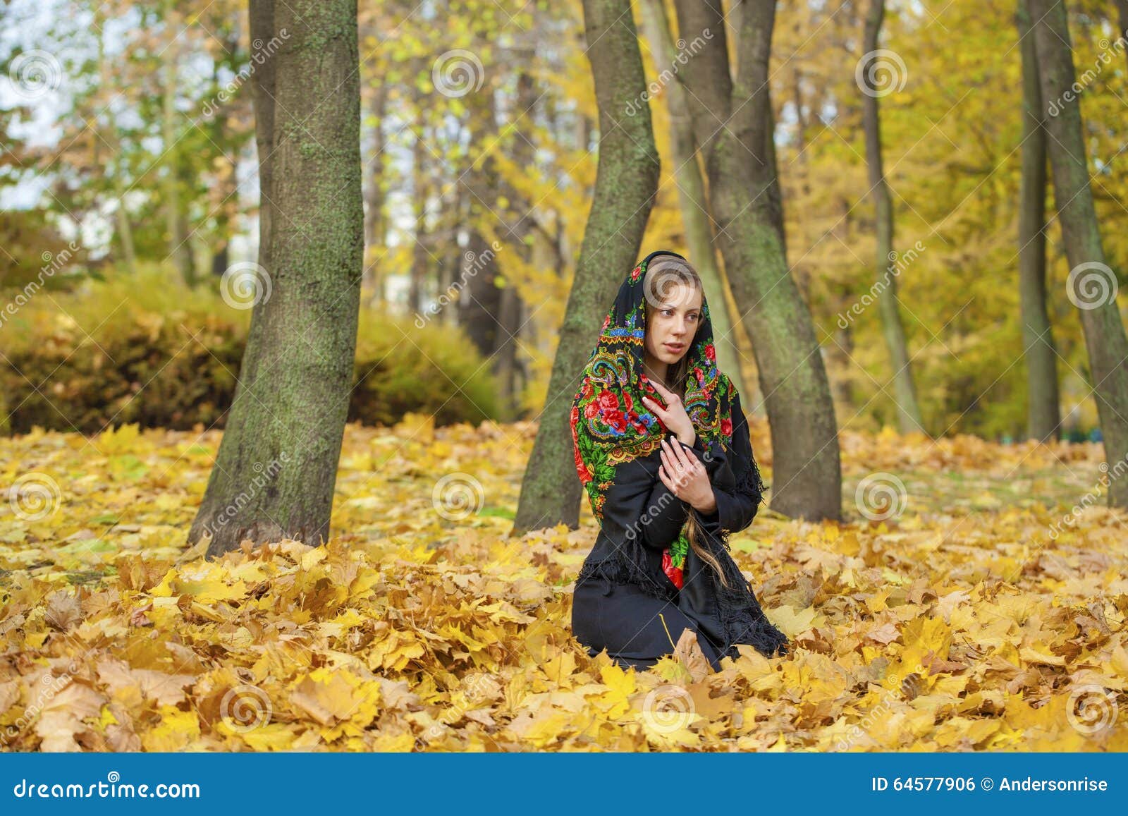 Young Beautiful Brunette Woman Posing Outdoors In Autumn Park Stock