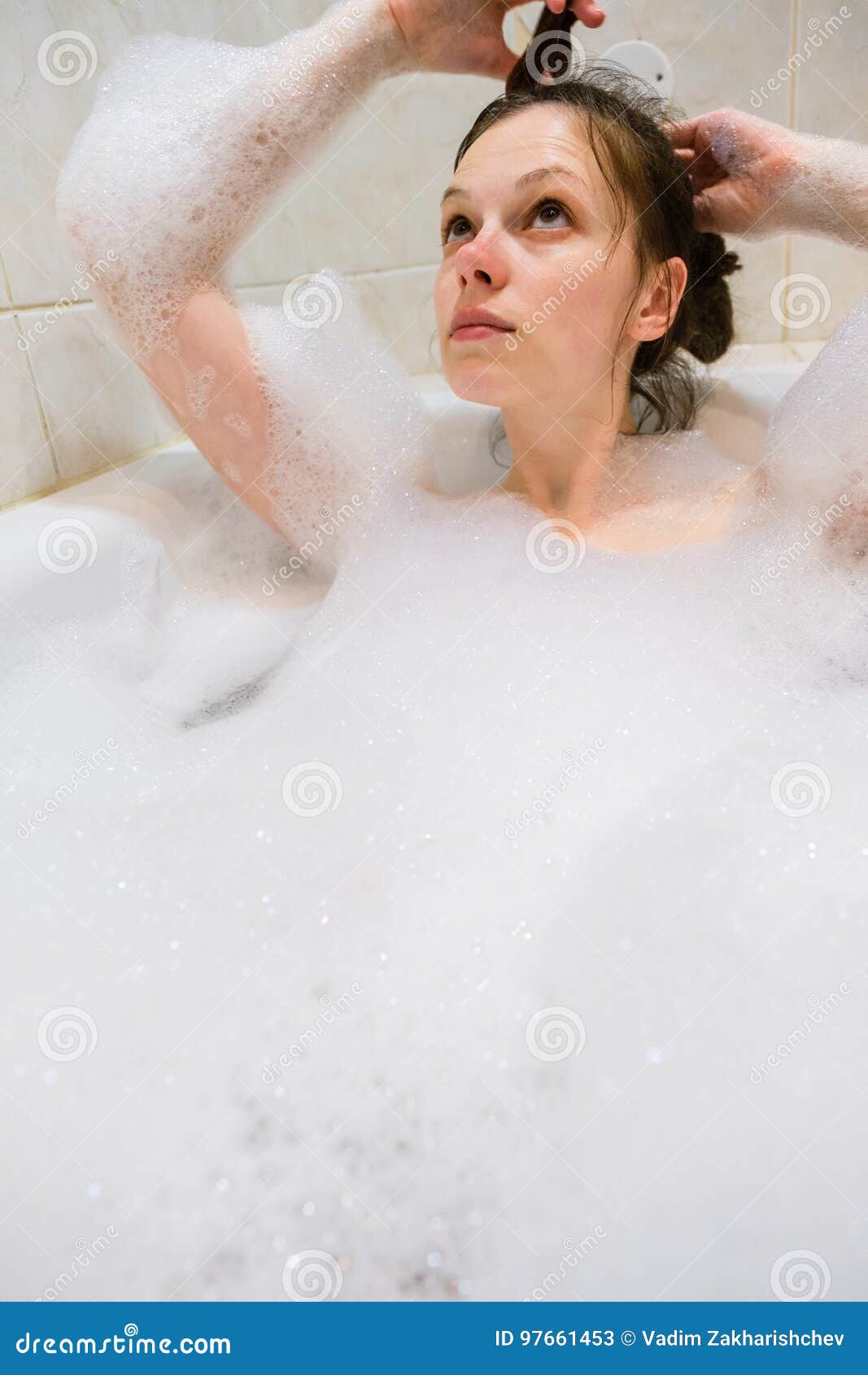 Young Beautiful Brunette Woman Takes Bubble Bath Stock Image Image Of