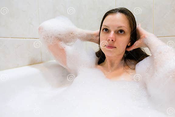 Young Beautiful Brunette Woman Takes Bubble Bath Stock Image Image Of