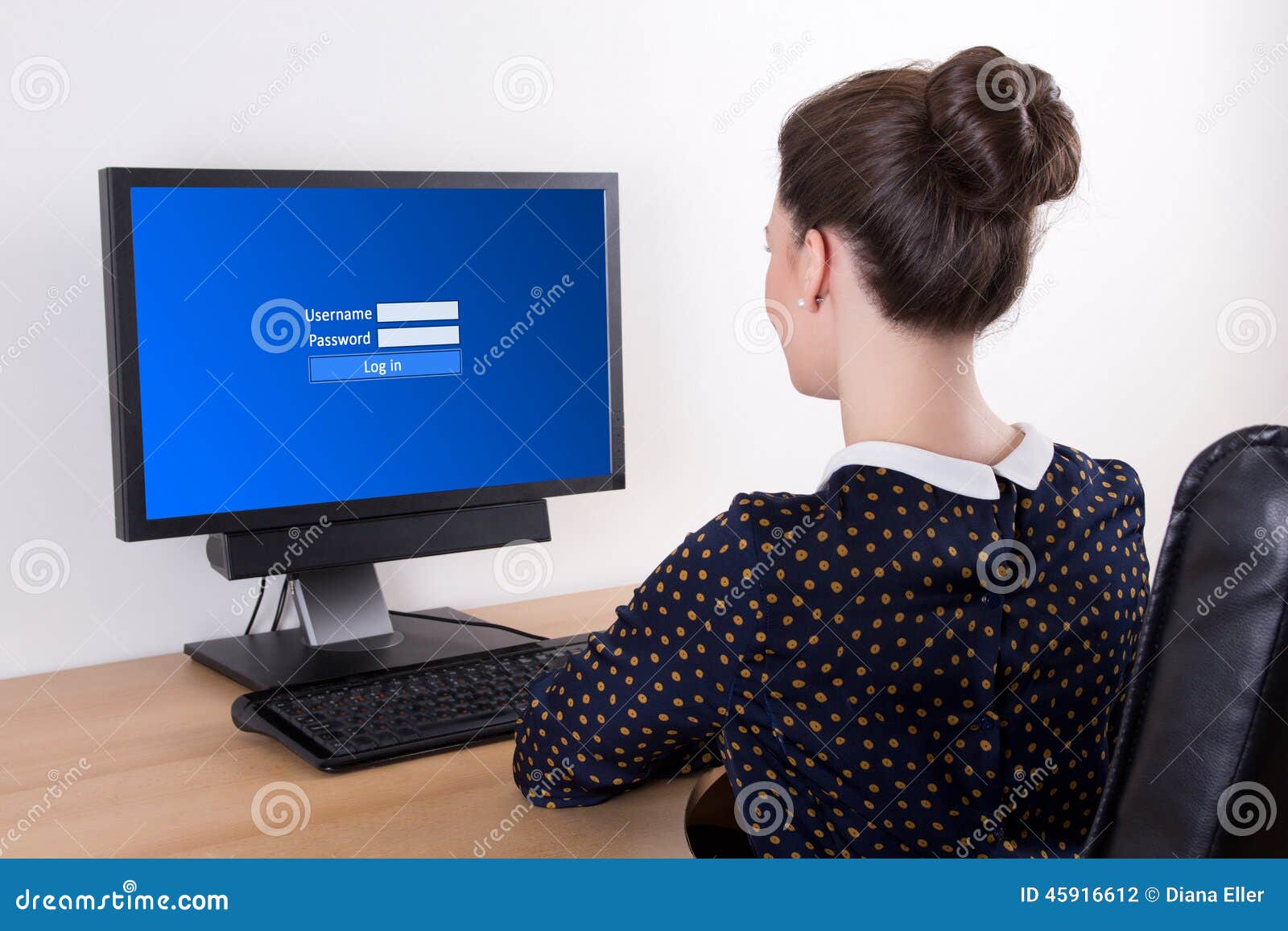 Young Beautiful Business Woman Using Pc with Login Panel on Screen ...