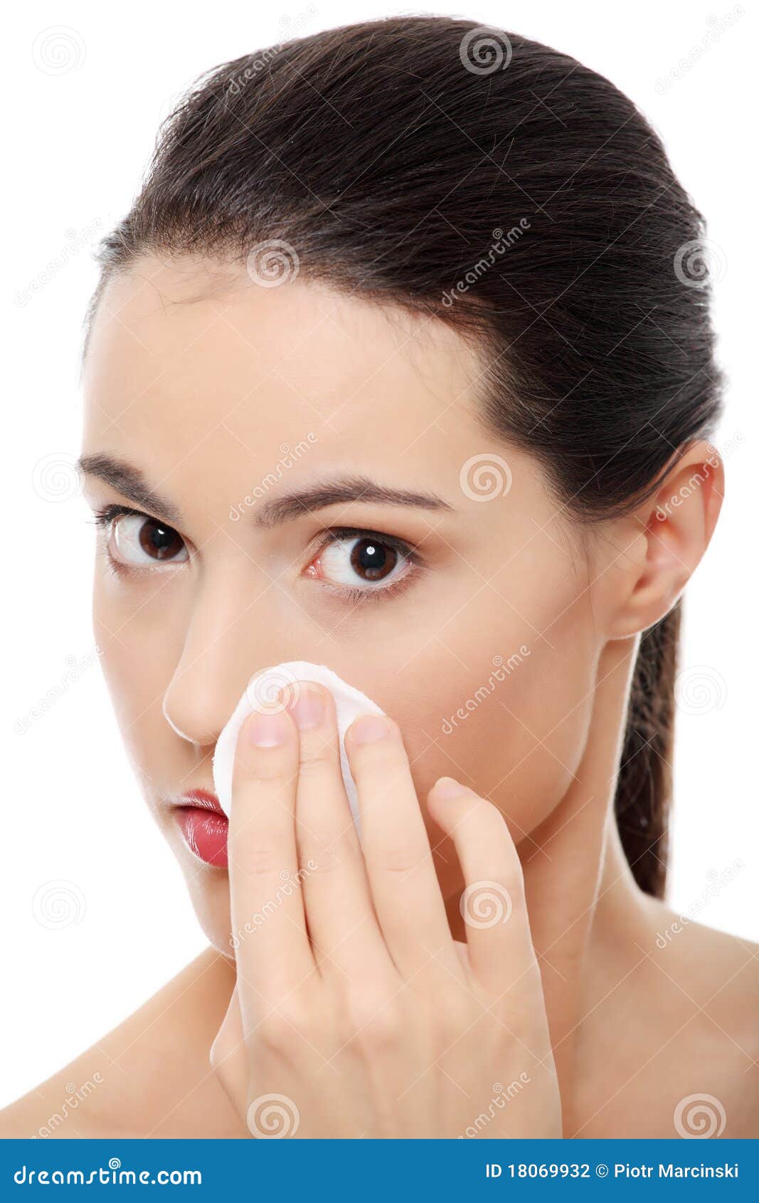 Young Beautiful Caucasian Woman Using a Cotton Pad Stock Photo - Image ...