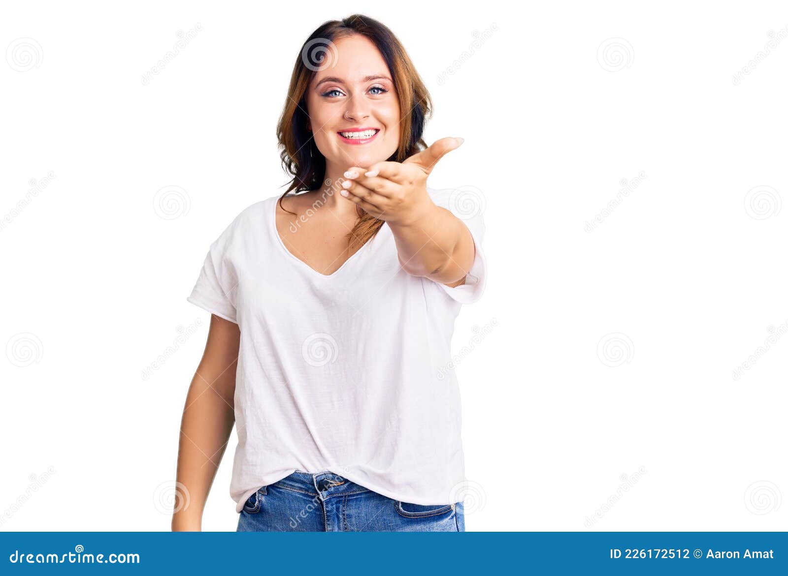 Young Beautiful Caucasian Woman Wearing Casual White Tshirt Smiling