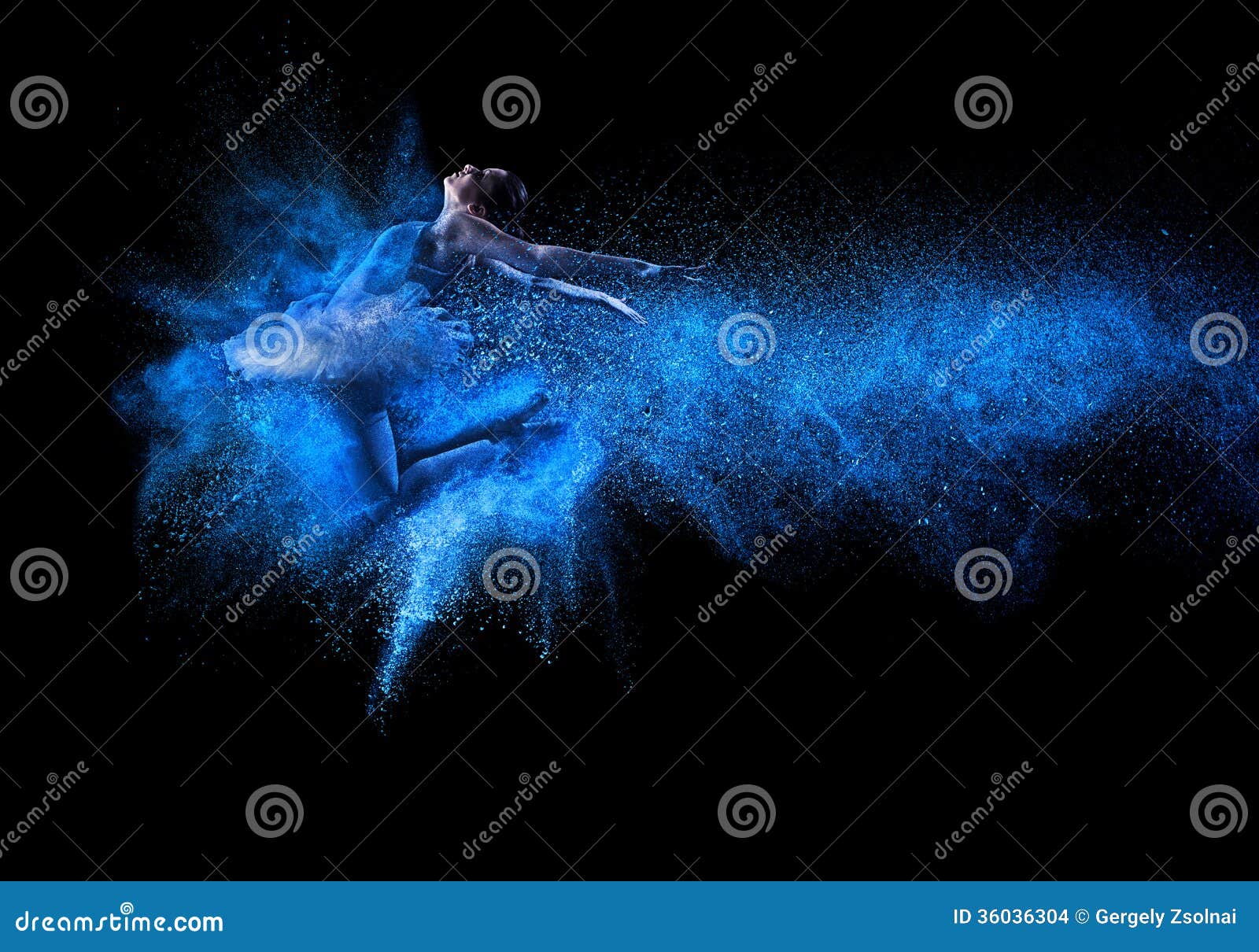 Young Beautiful Dancer Jumping into Blue Powder Cloud Stock Photo ...