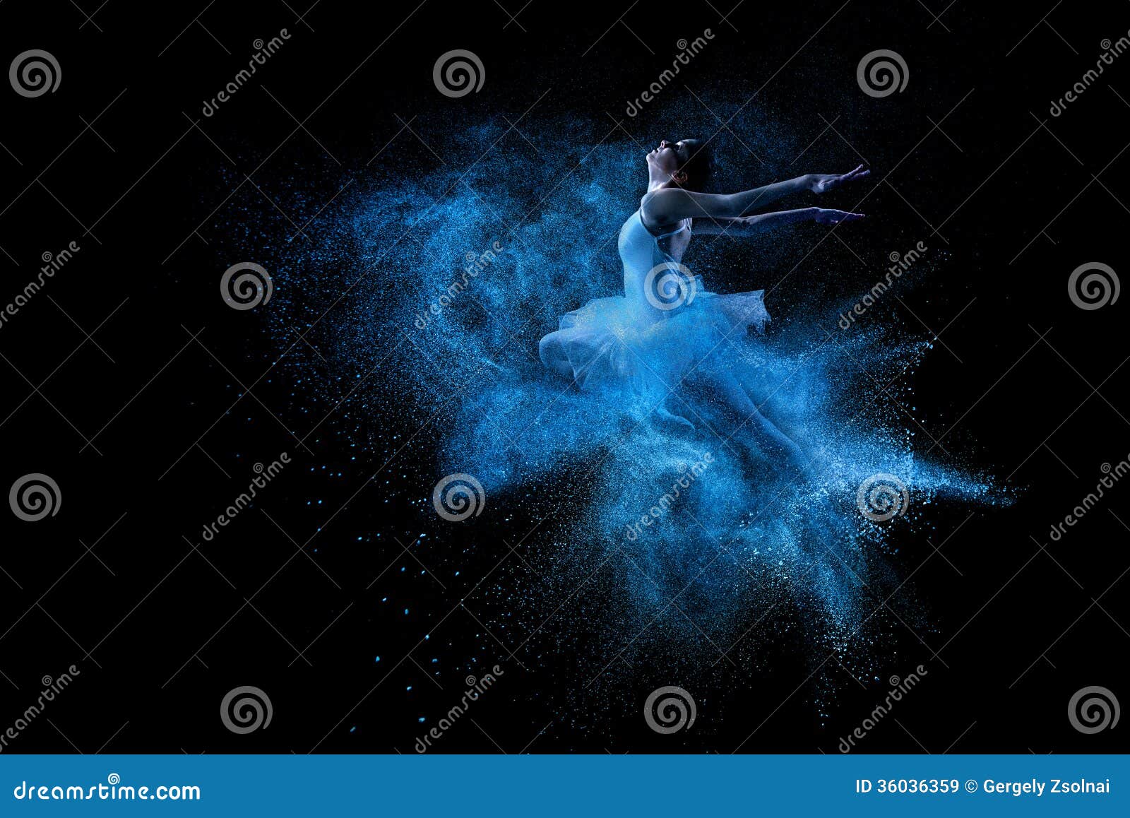 Young Beautiful Dancer Jumping into Blue Powder Cloud Stock Image ...