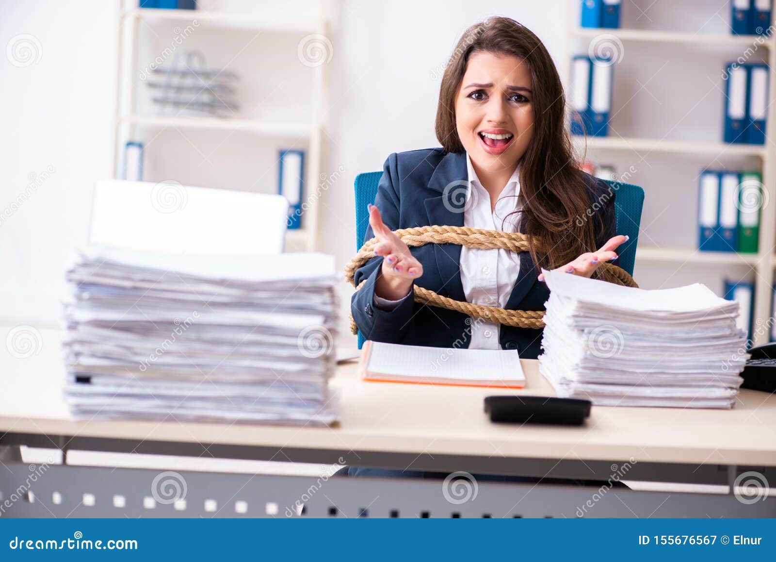 Young Beautiful Employee Tied Up with Rope in the Office Stock Image ...