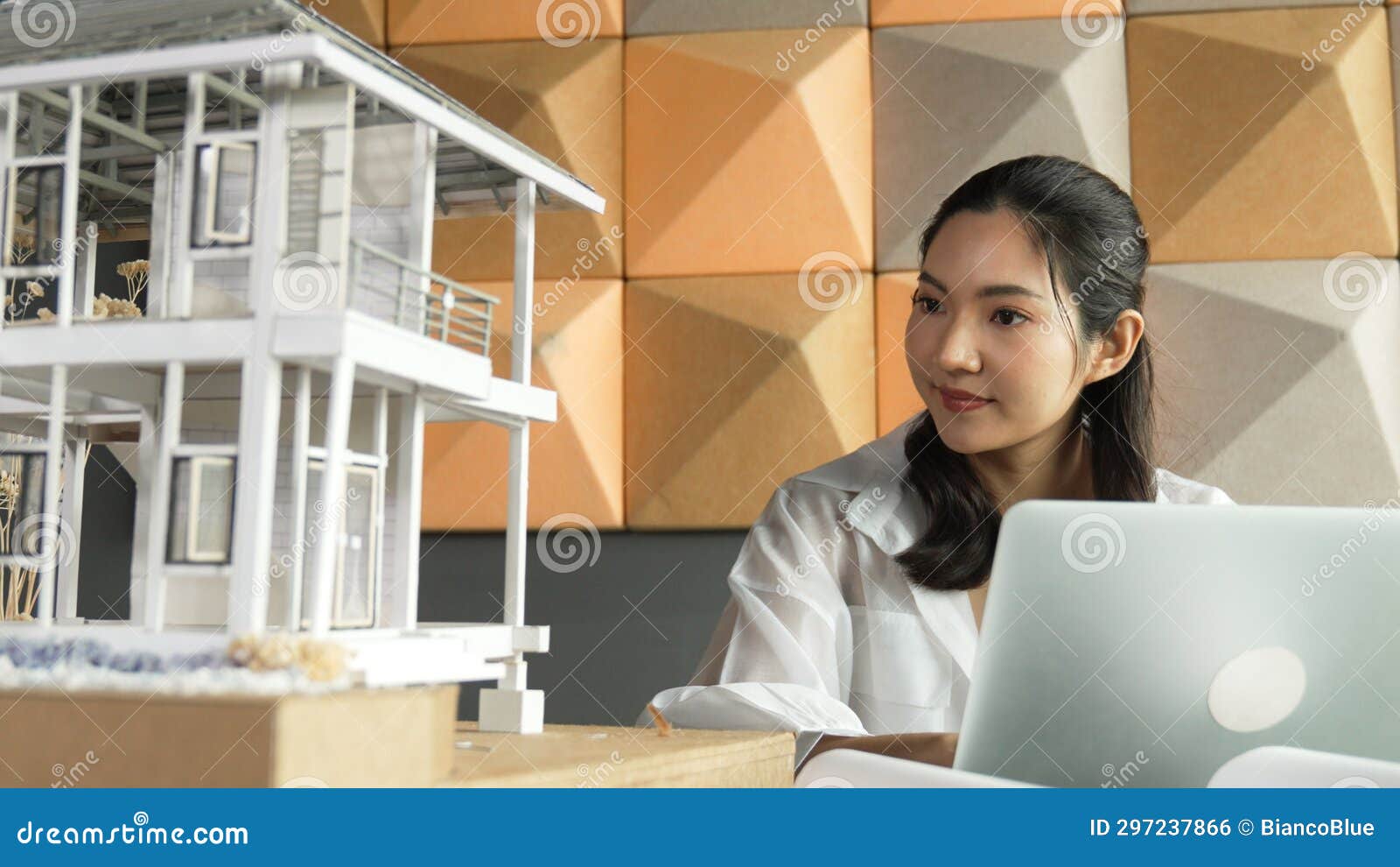 Young Beautiful Engineer Checking Roof Material and Using Laptop ...