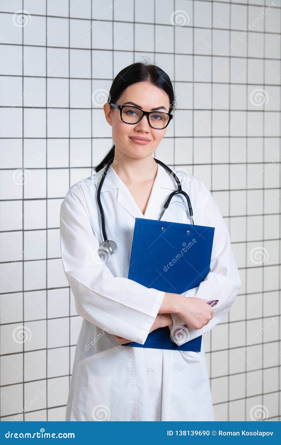 Young Beautiful Female Doctor In White Surgical Coat With Black