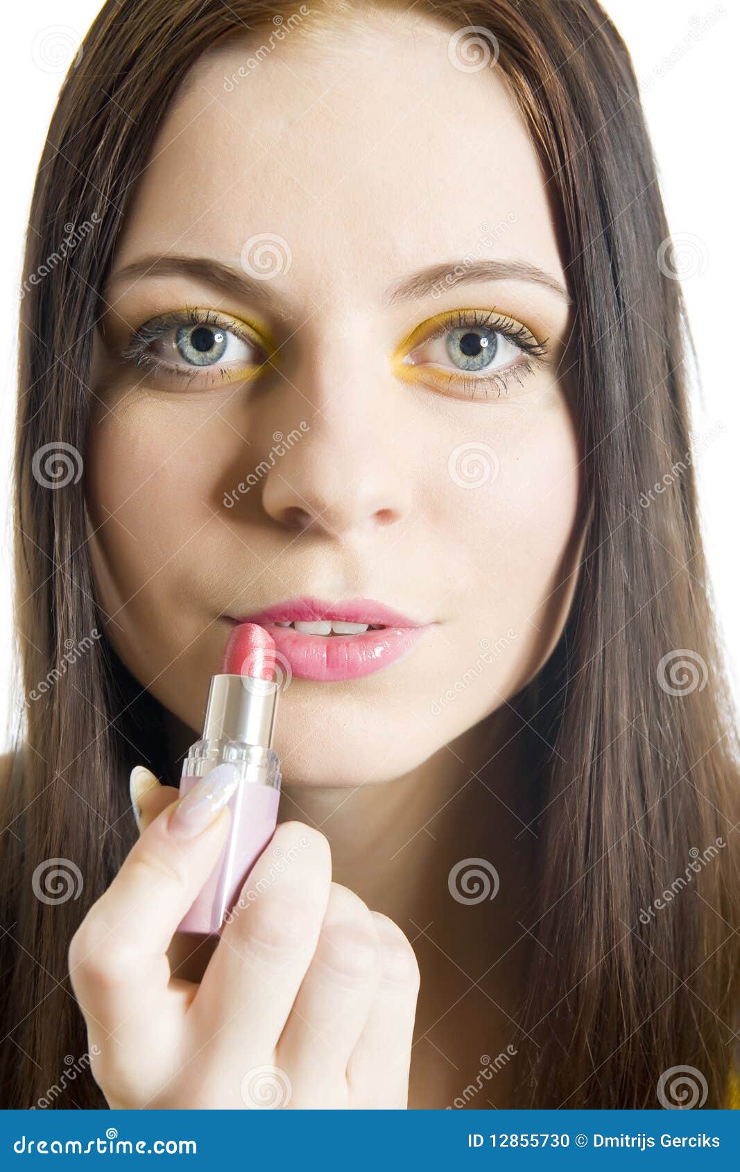 Young Beautiful Girl Applying Lipstick on Her Lips Stock Photo - Image ...