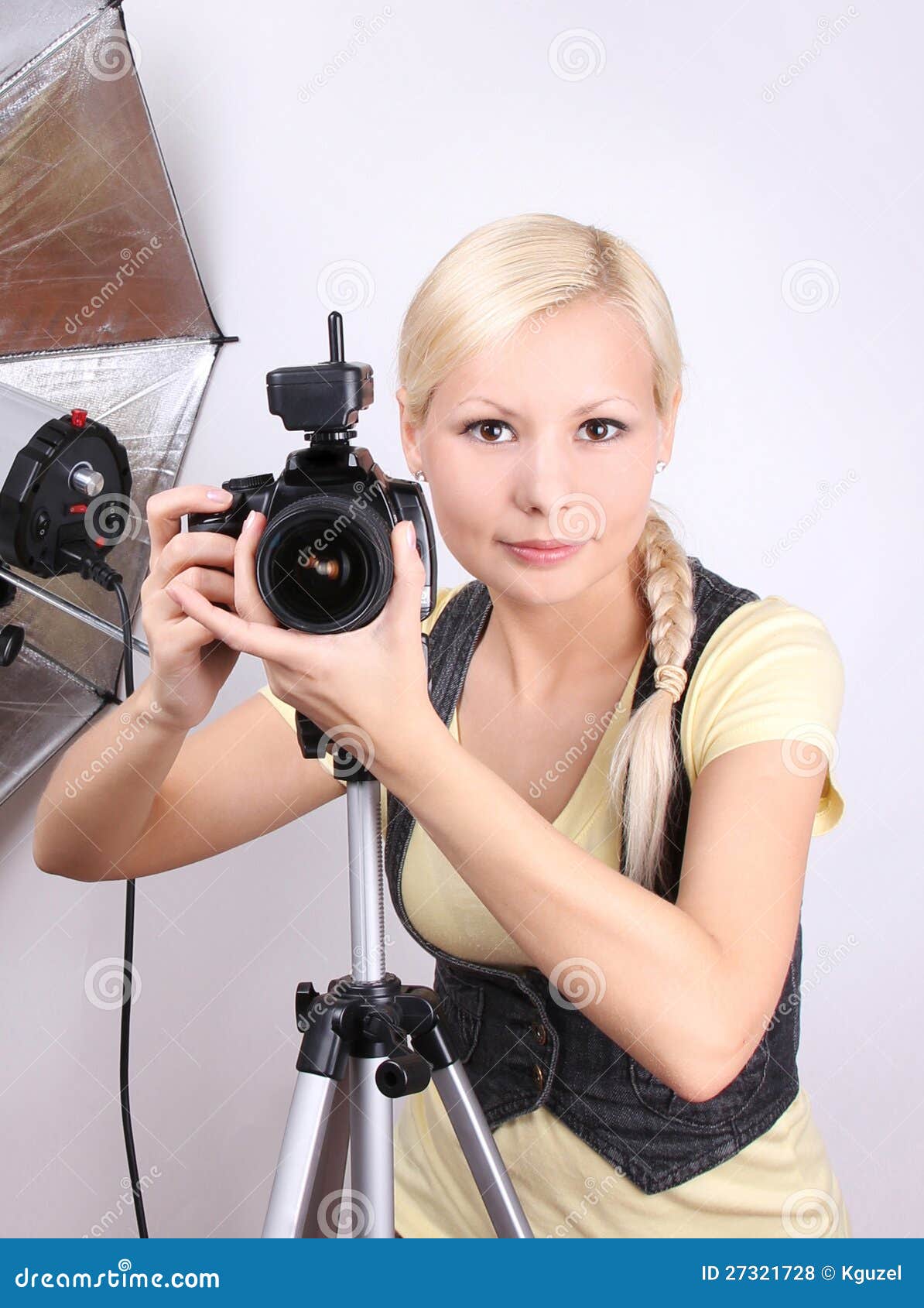 Young Beautiful Girl with the Camera in Studio Stock Photo - Image of ...