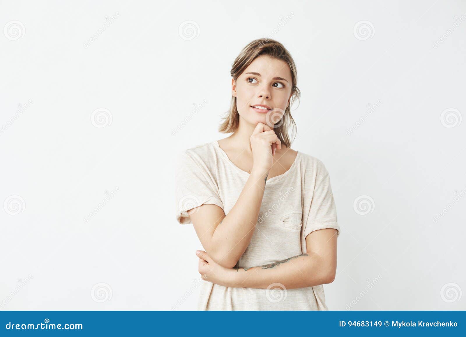 Young Beautiful Girl Dreaming Thinking Looking in Side Over White ...