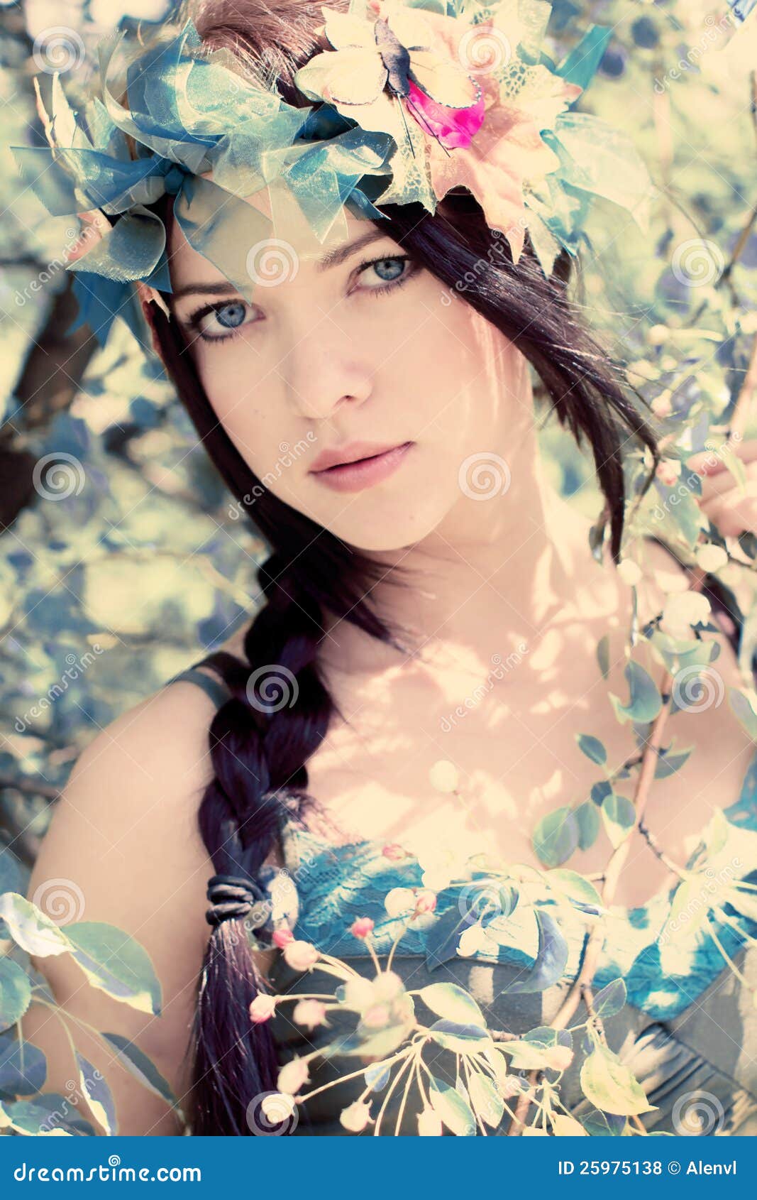 Young Beautiful Girl among the Flowering Trees Stock Photo - Image of ...