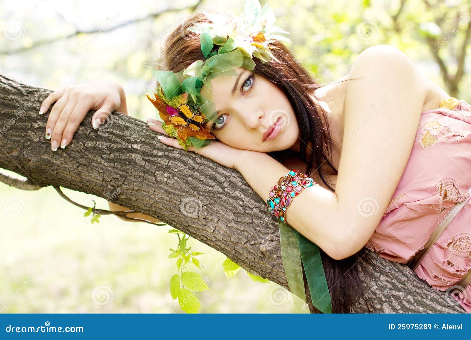 Young Beautiful Girl Lying on a Tree Trunk Stock Image - Image of trunk ...