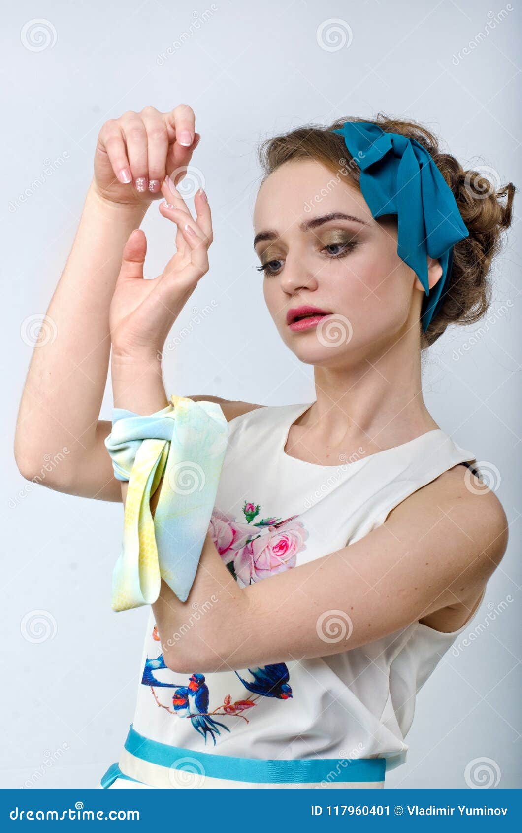 Young Beautiful Girl with a Ribbon Stock Image - Image of dress, hands ...
