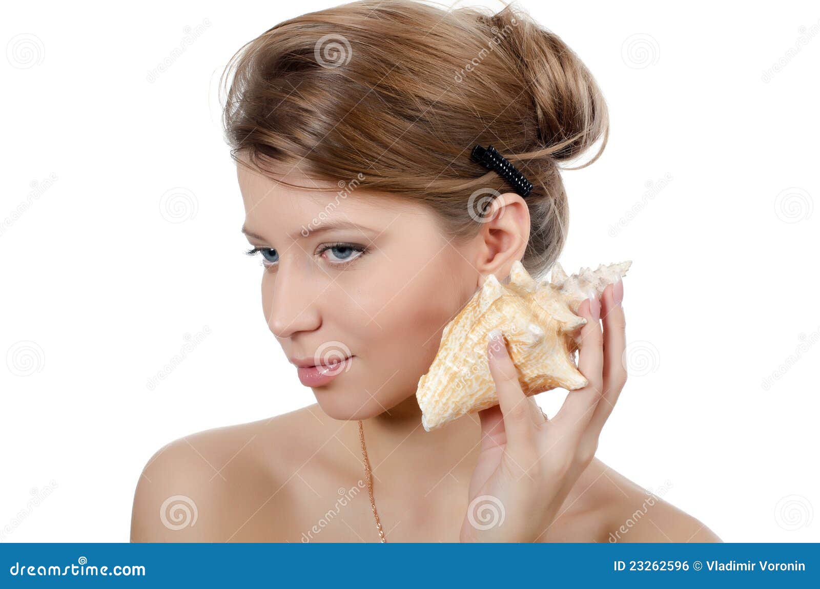 The Young Beautiful Girl with Seashell Stock Photo - Image of listen ...