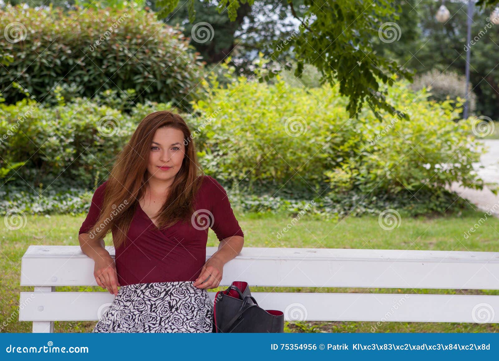 Young Beautiful Girl Sit on a Banch Stock Photo - Image of handbag ...