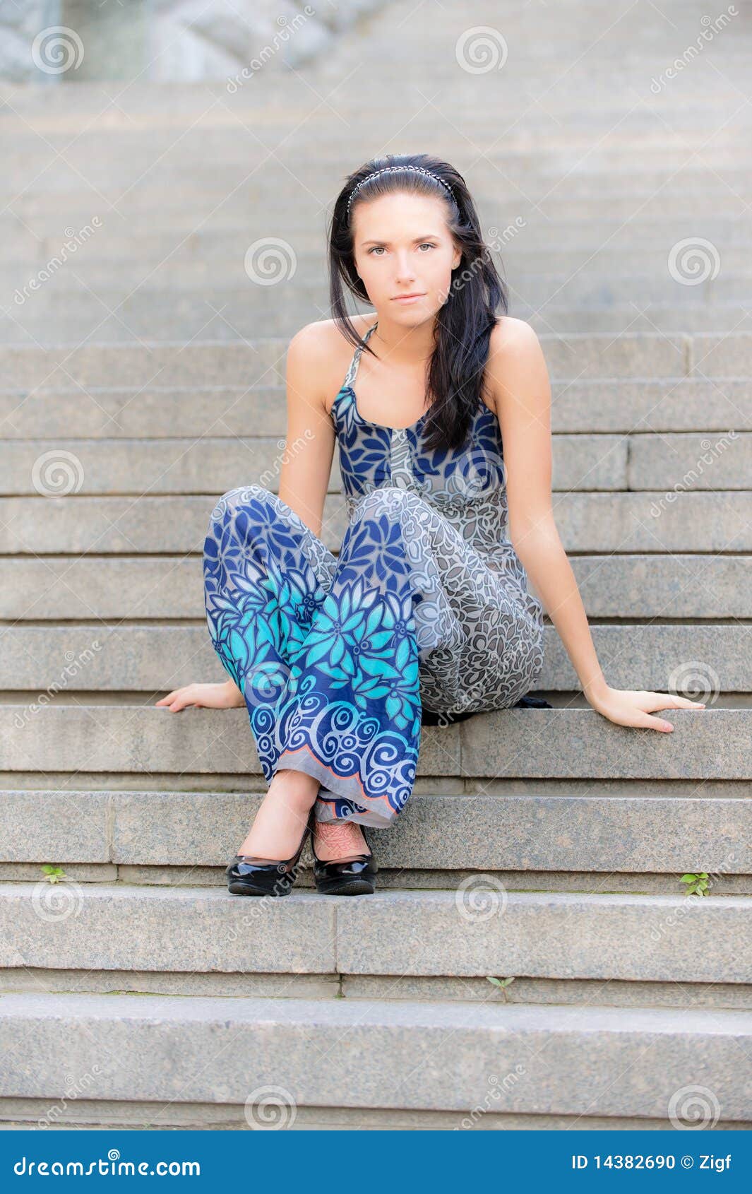 Young Beautiful Girl Sits on Steps Stock Photo - Image of modern, hair ...