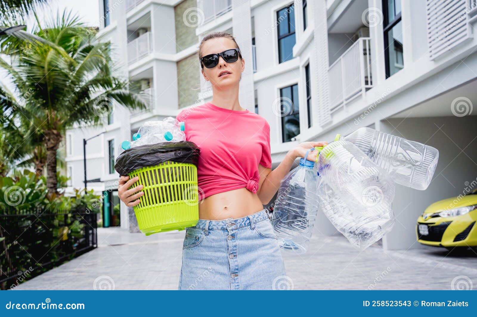 Young Beautiful Girl Takes Out The Sorted Garbage From The House Stock Image Image Of