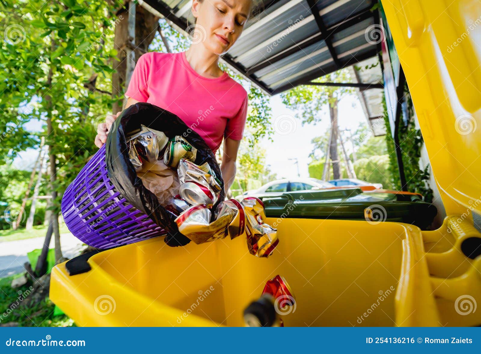 A Young Beautiful Girl Throws Sorted Garbage into Special Bins Stock ...