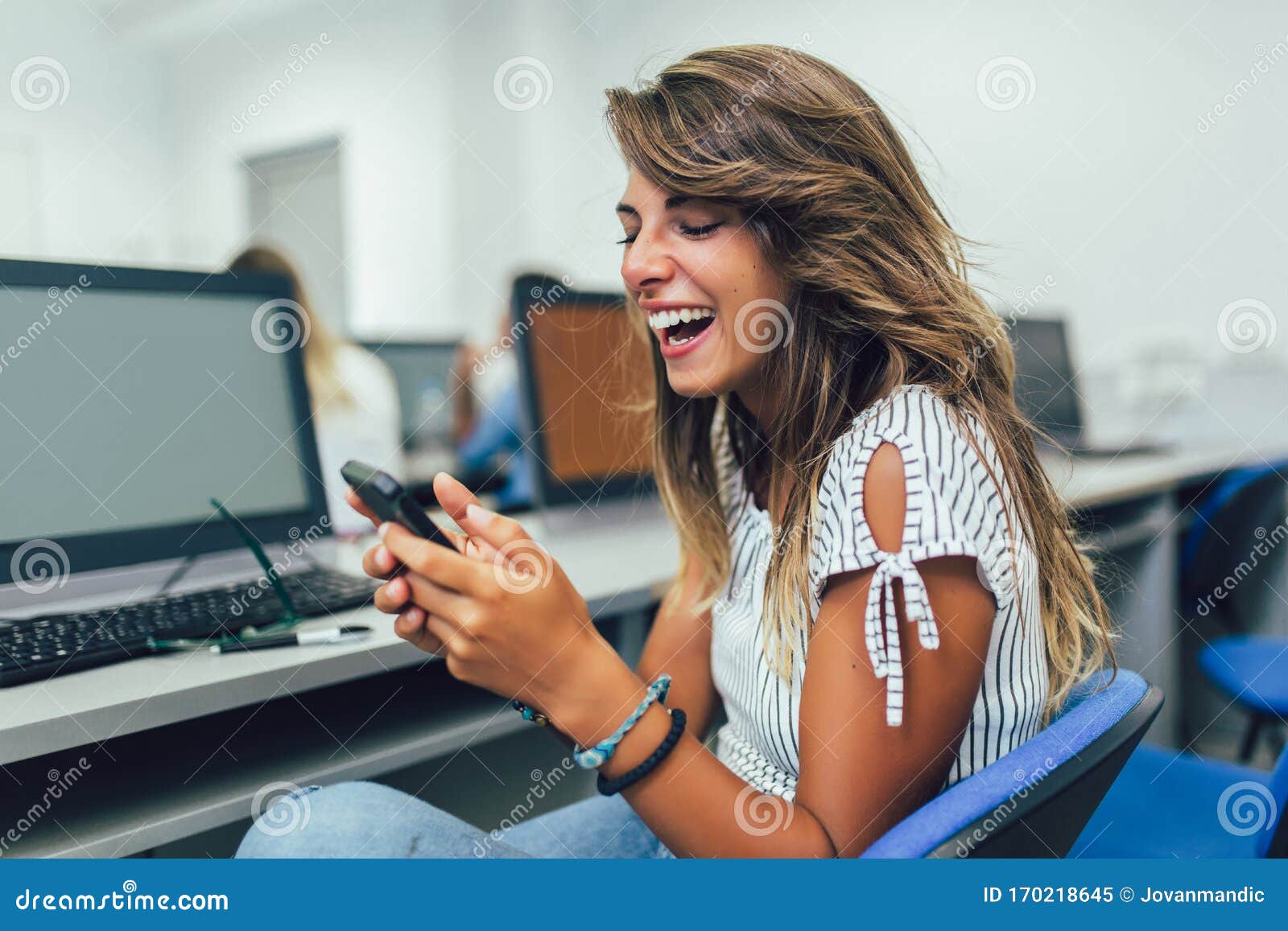 Beautiful Girl Working on a Computer in a Classroom Stock Image - Image ...