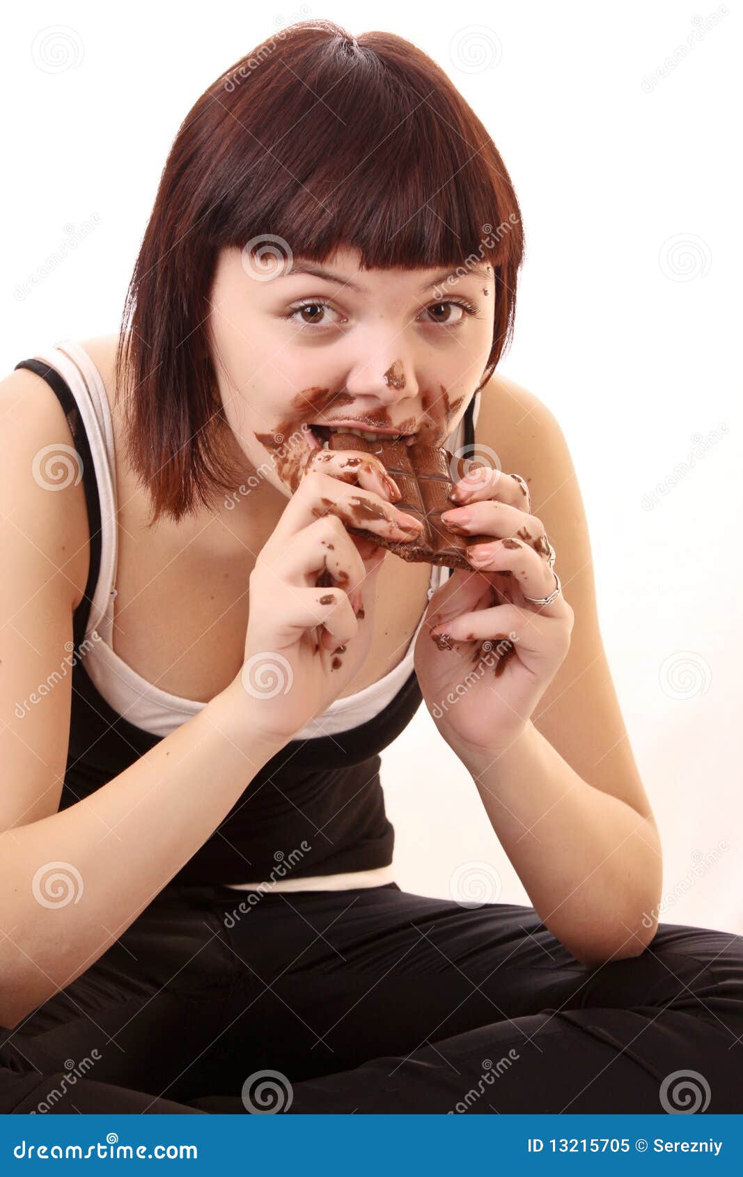 Young Beautiful Glutton Eat Chocolate Isolated Stock Image - Image of ...