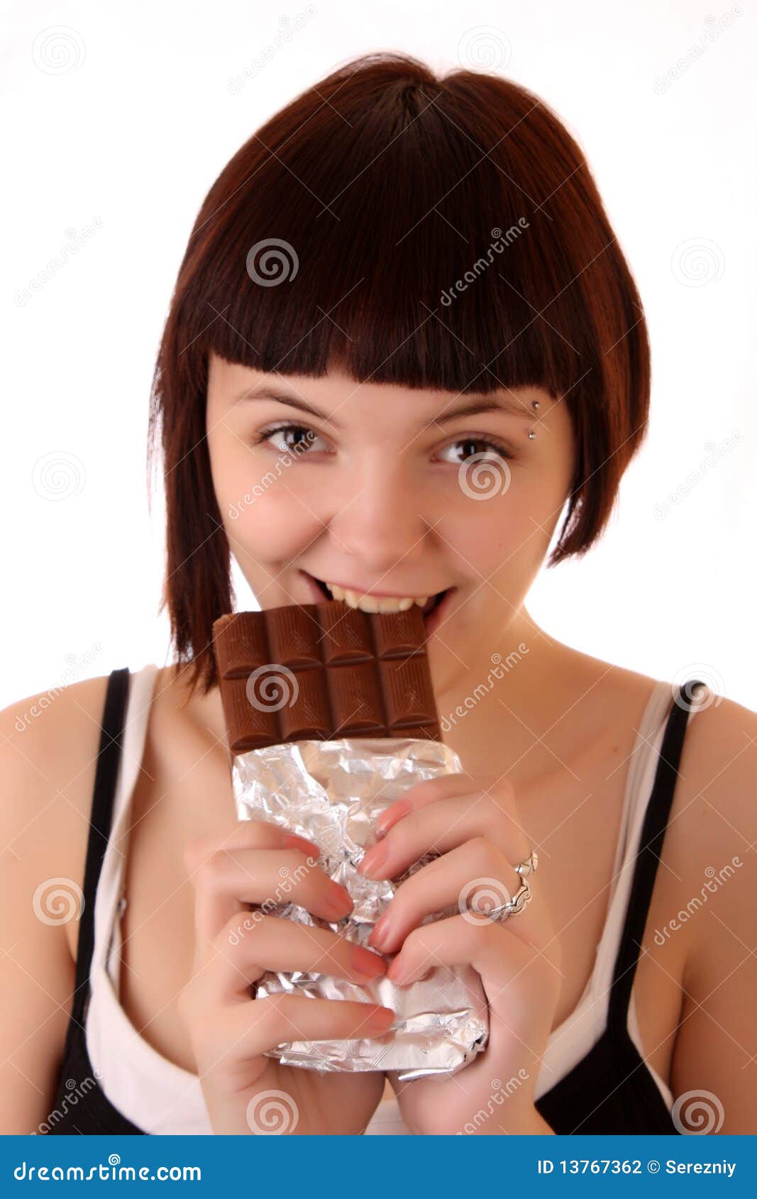 Young Beautiful Glutton Eat Chocolate Isolated Stock Photo - Image of ...