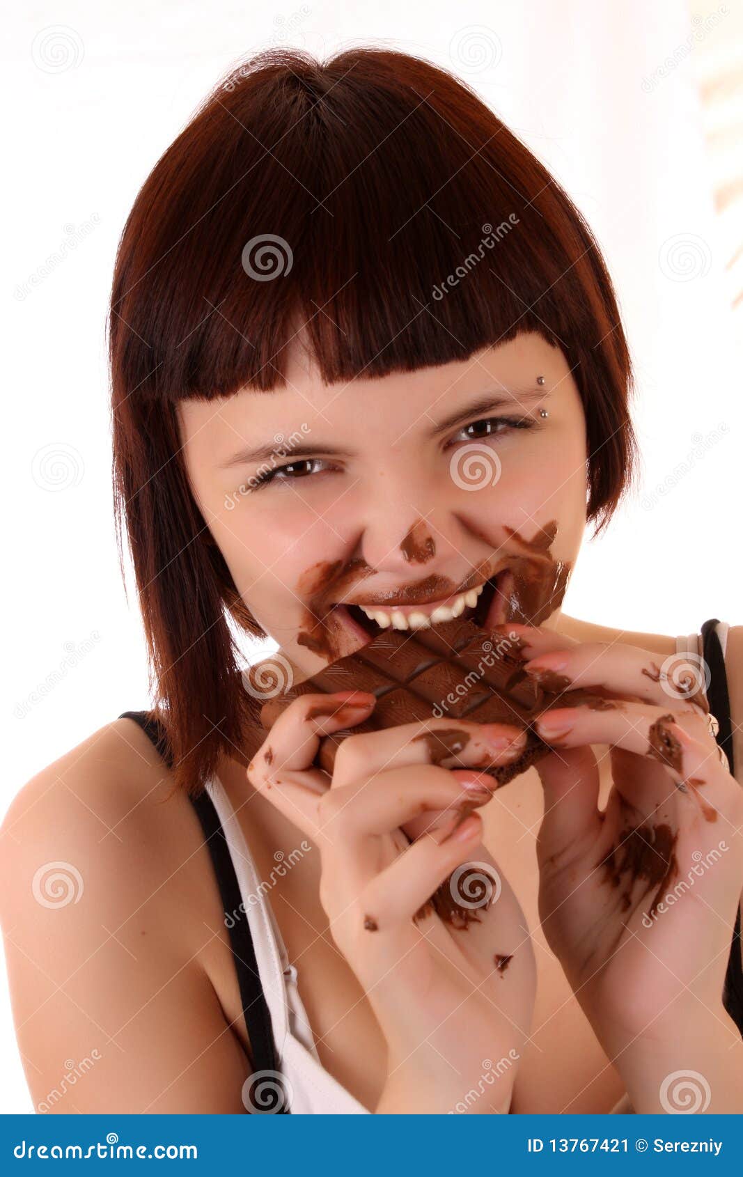 Young Beautiful Glutton Eat Chocolate Isolated Stock Image - Image of ...