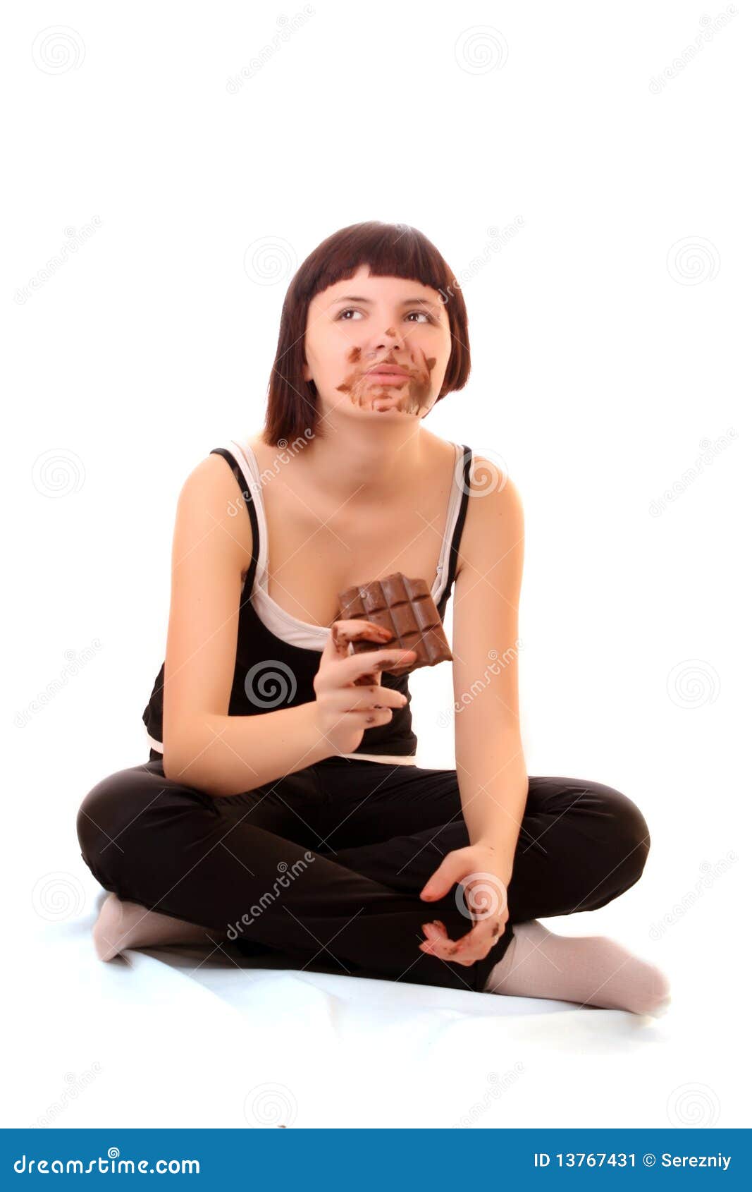 Young Beautiful Glutton Eat Chocolate Isolated Stock Image - Image of ...