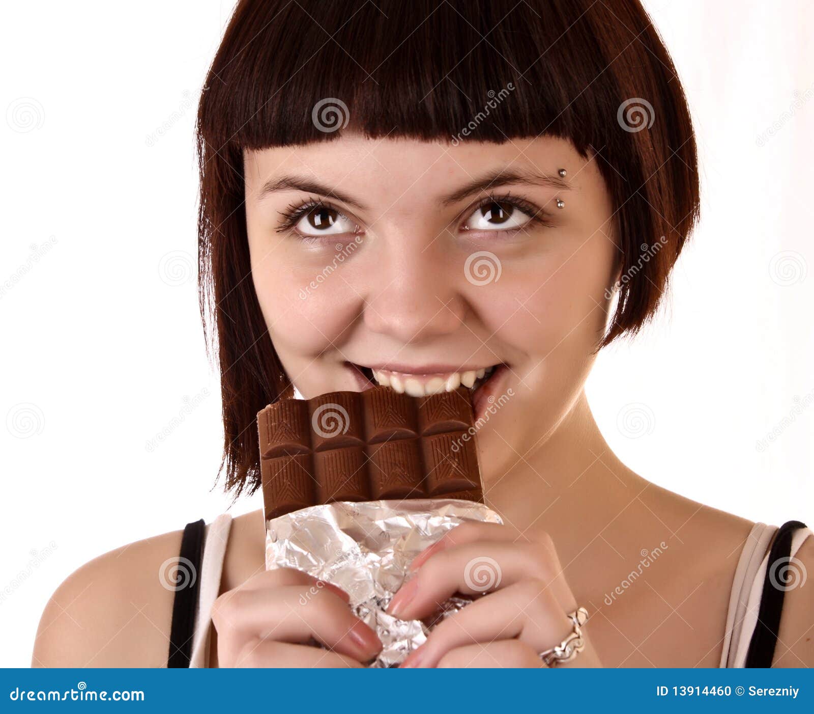 Young Beautiful Glutton Eat Chocolate Isolated Stock Photo - Image of ...