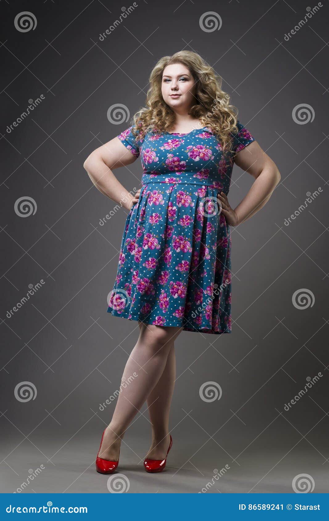 Young Beautiful Happy Blonde Plus Size Model In Dress And Shoes Xxl