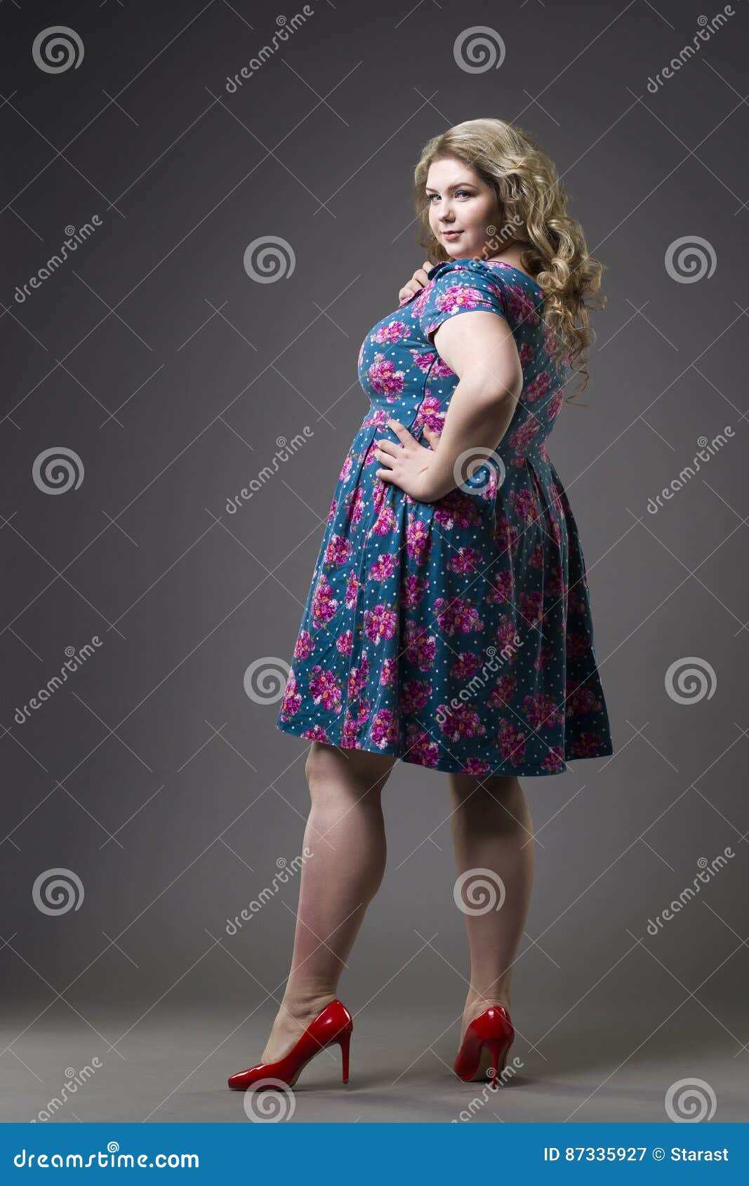 Young Beautiful Happy Blonde Plus Size Model In Dress And Shoes Xxl