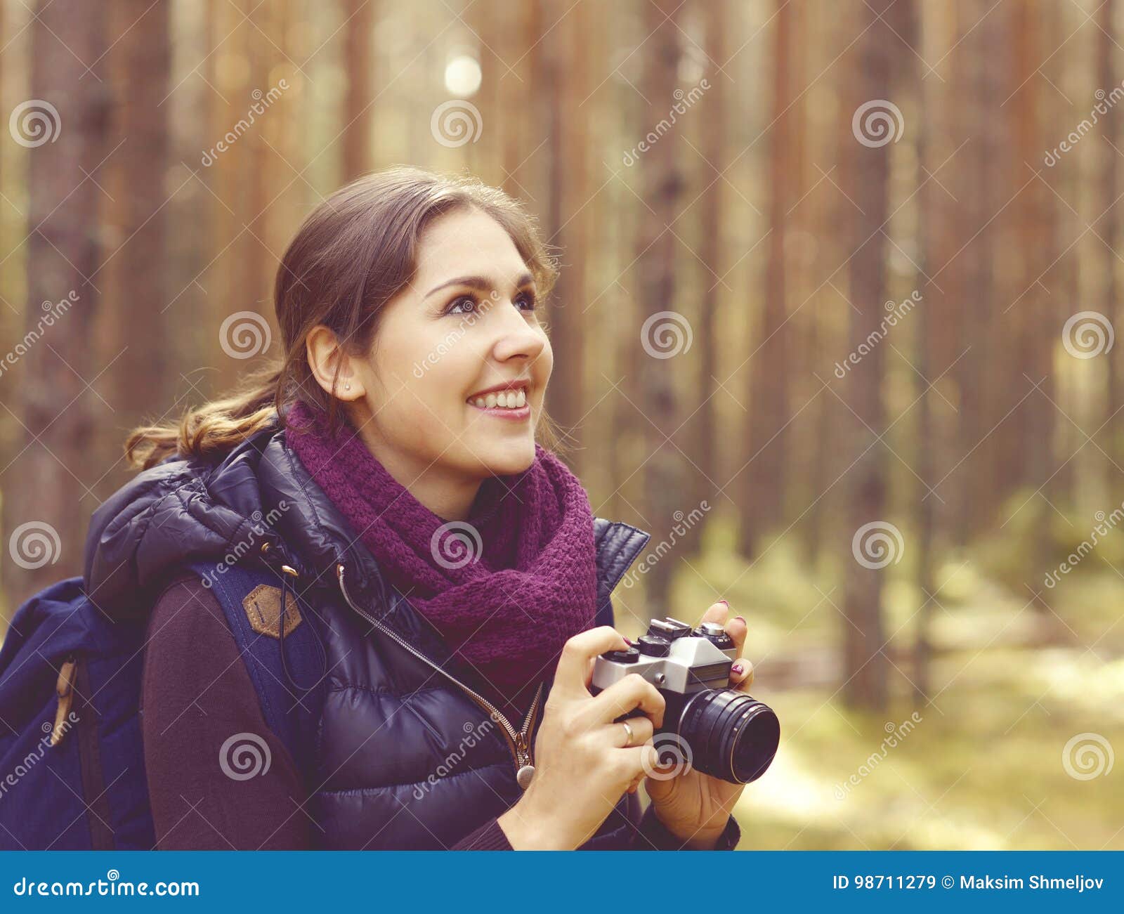 Young, Beautiful and Happy Woman Walking in Forest and Taking Pi Stock ... Young, Beautiful and Happy Woman Walking in Forest and Taking Pi Stock ...