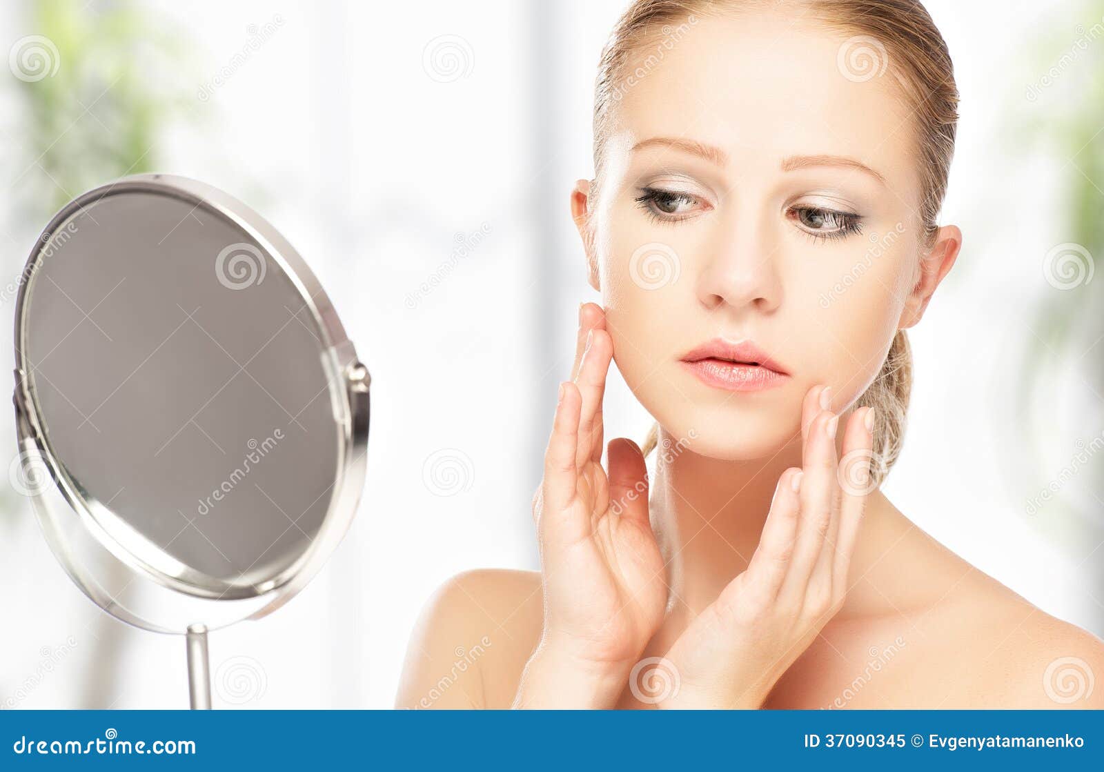 Young Beautiful Healthy Woman and Reflection in the Mirror Stock Image ...