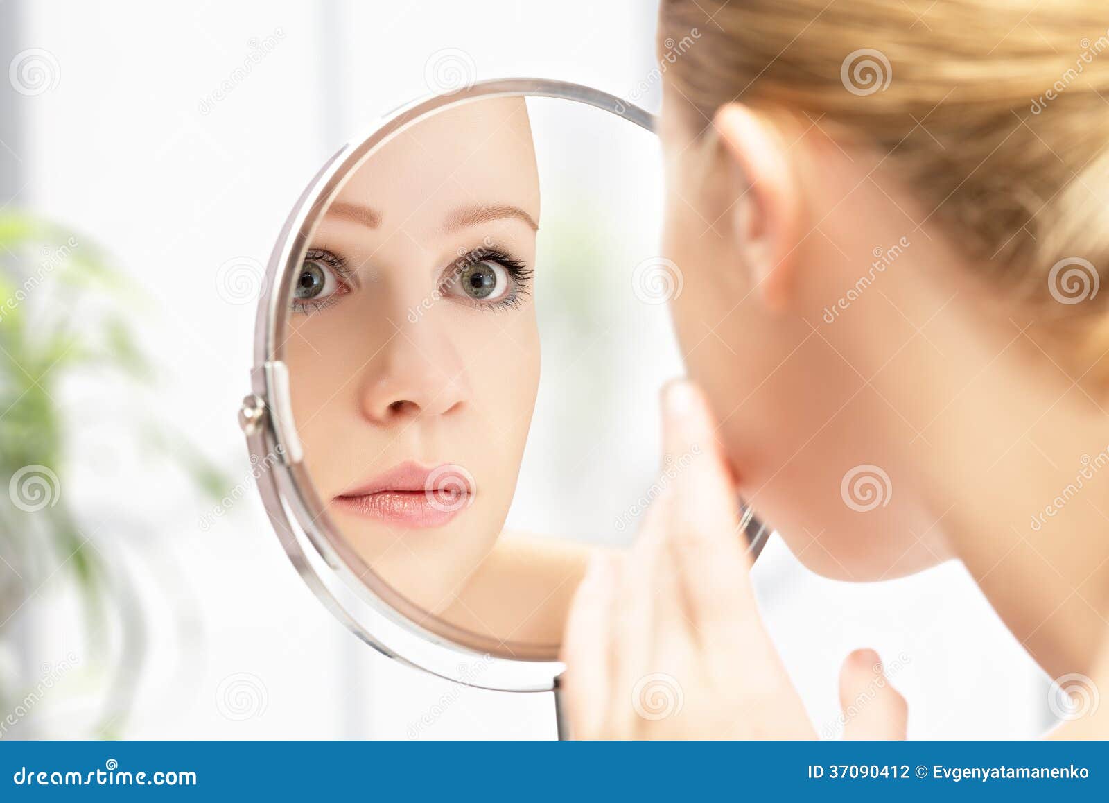 Young Beautiful Healthy Woman and Reflection in the Mirror Stock Photo ...
