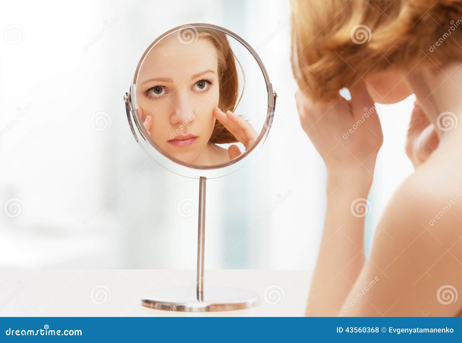 Young Beautiful Healthy Woman and Reflection in the Mirror Stock Photo ...