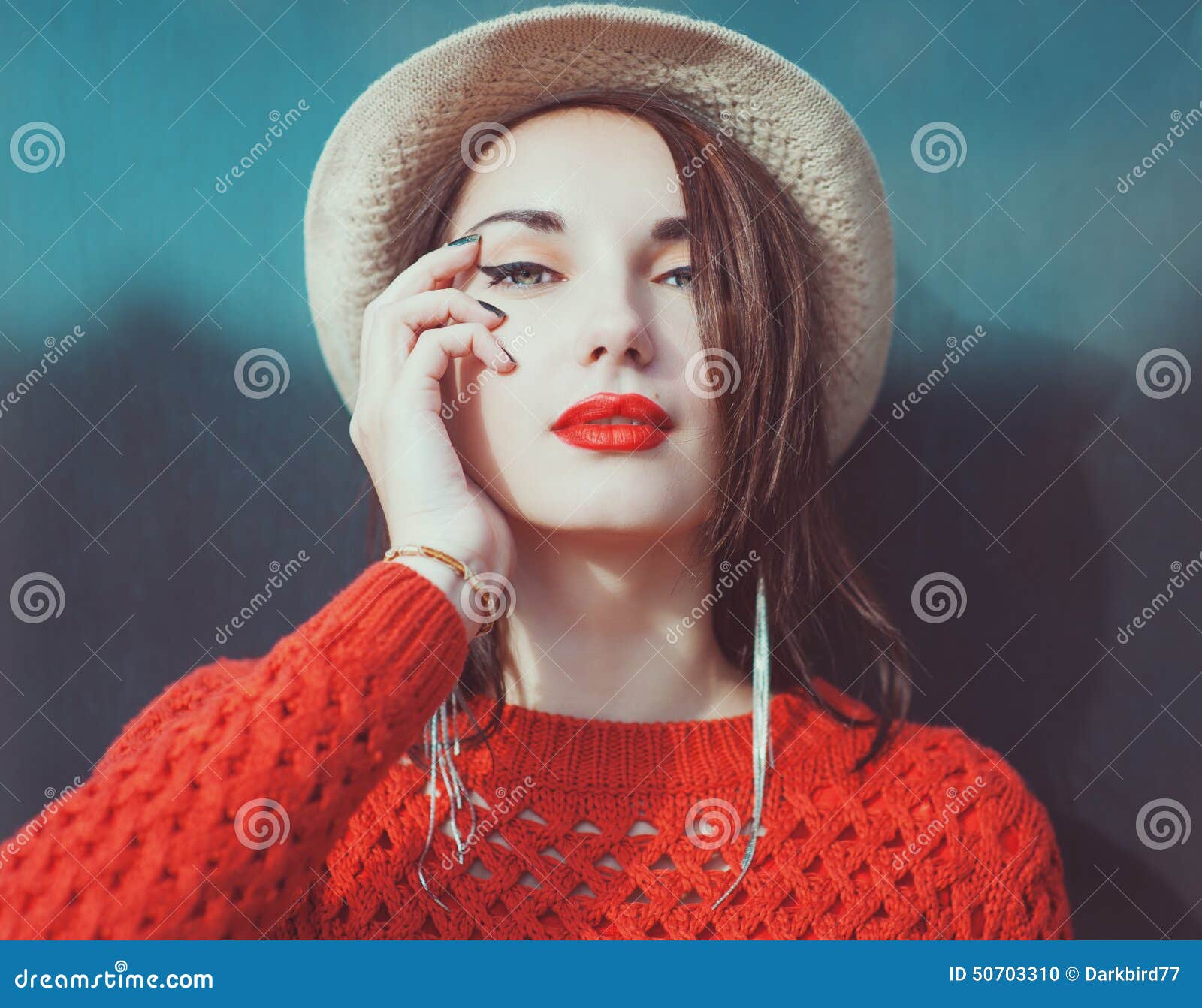 Young Beautiful Hipster Girl in Red Jersey with Hat Stock Photo - Image ... Young Beautiful Hipster Girl in Red Jersey with Hat Stock Photo - Image ...