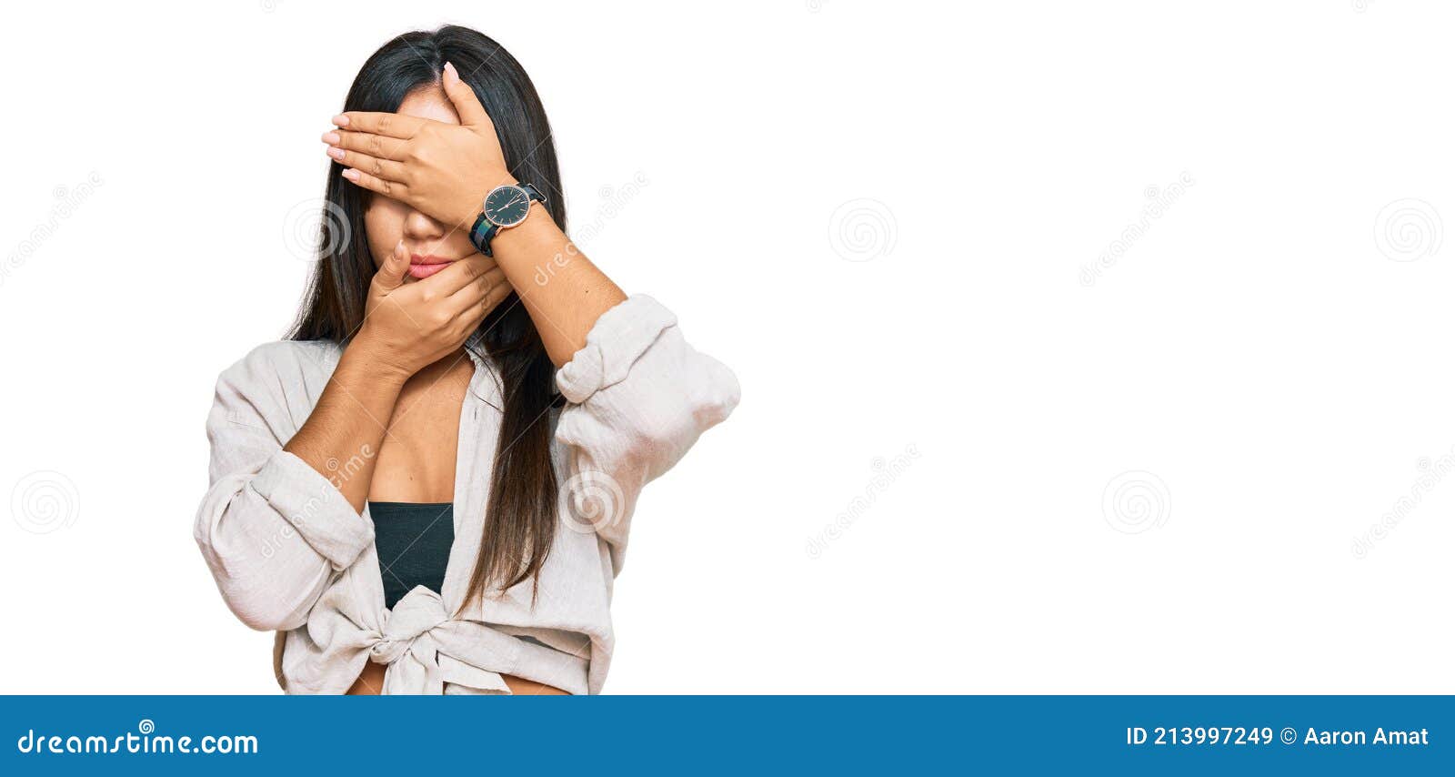 Young Beautiful Hispanic Girl Wearing Casual Clothes Covering Eyes And