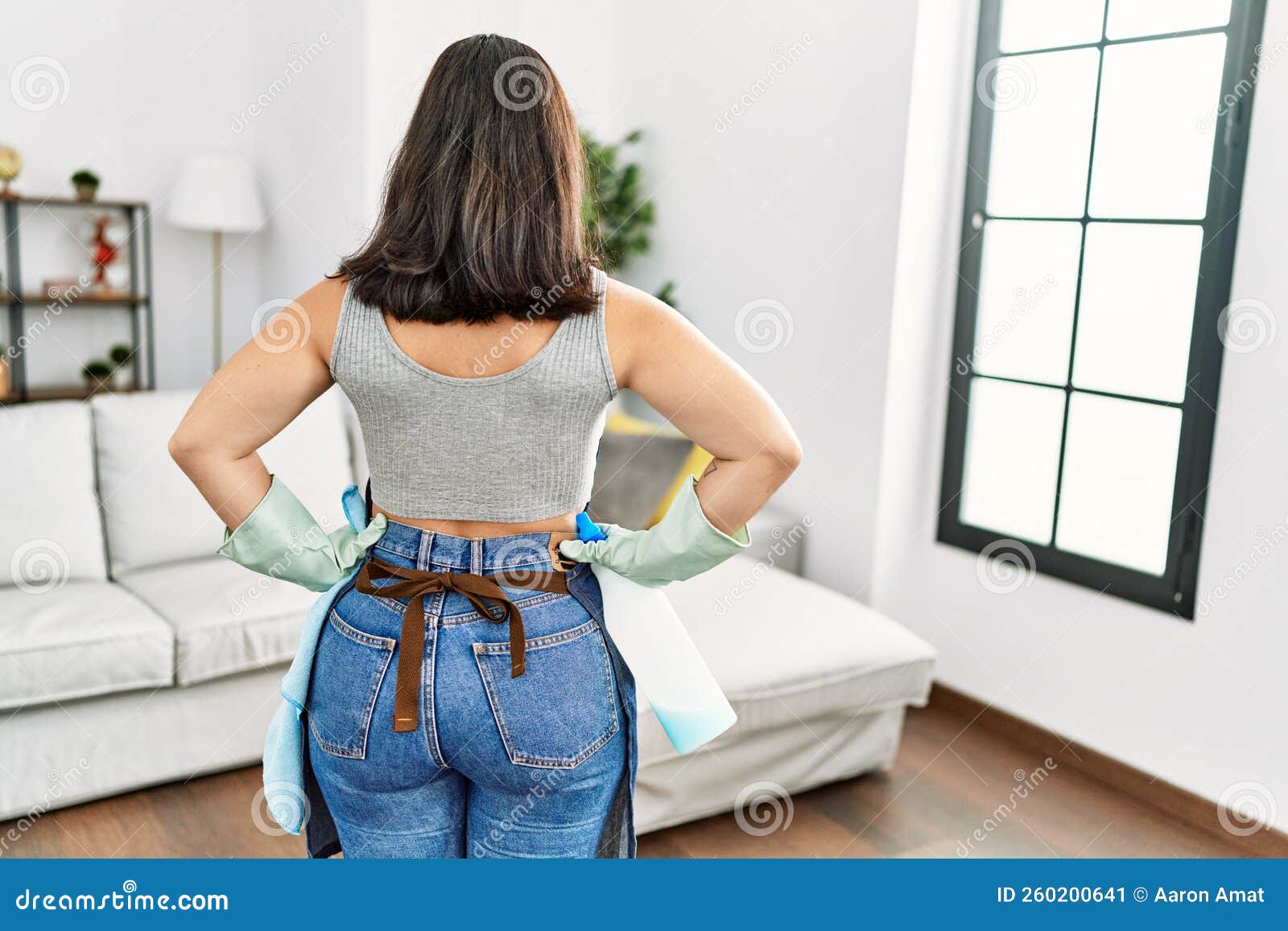 Young Beautiful Hispanic Woman Holding Diffuser and Cloth on Back View ...