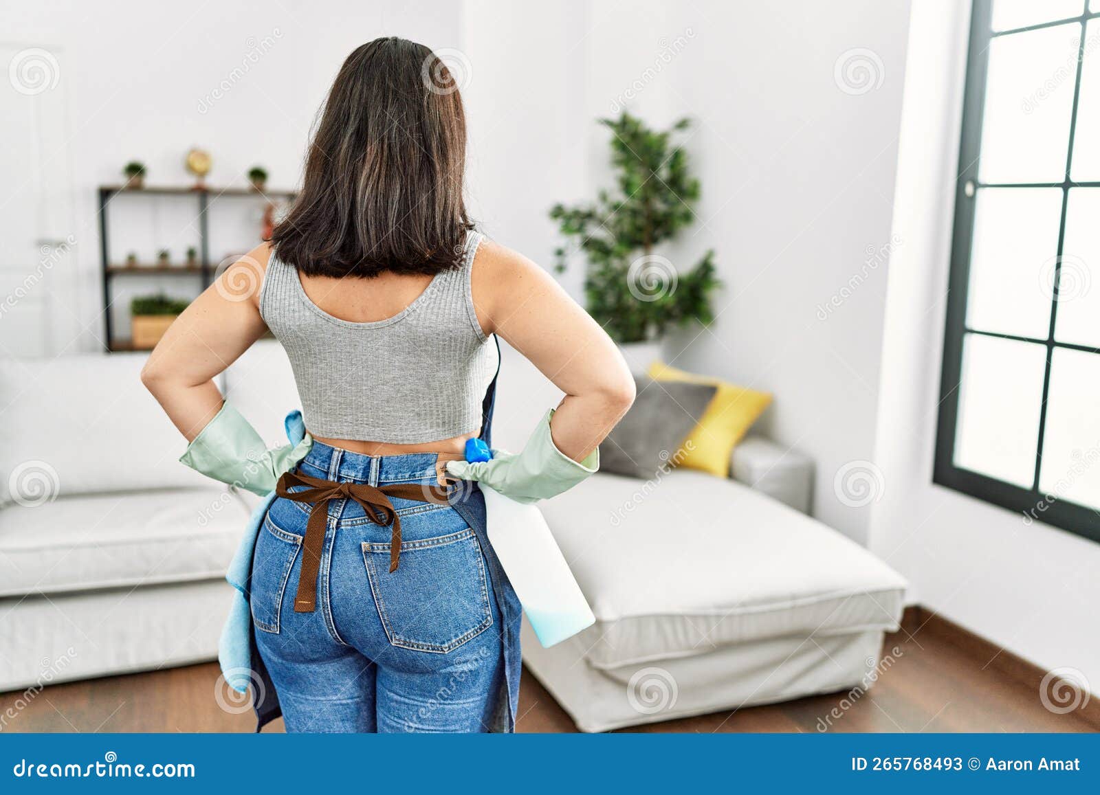 Young Beautiful Hispanic Woman Holding Diffuser and Cloth on Back View ...