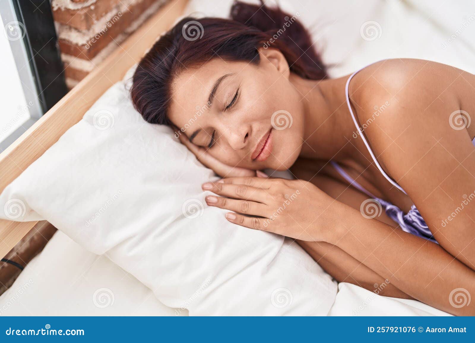 Young Beautiful Hispanic Woman Lying on Bed Sleeping at Bedroom Stock ...
