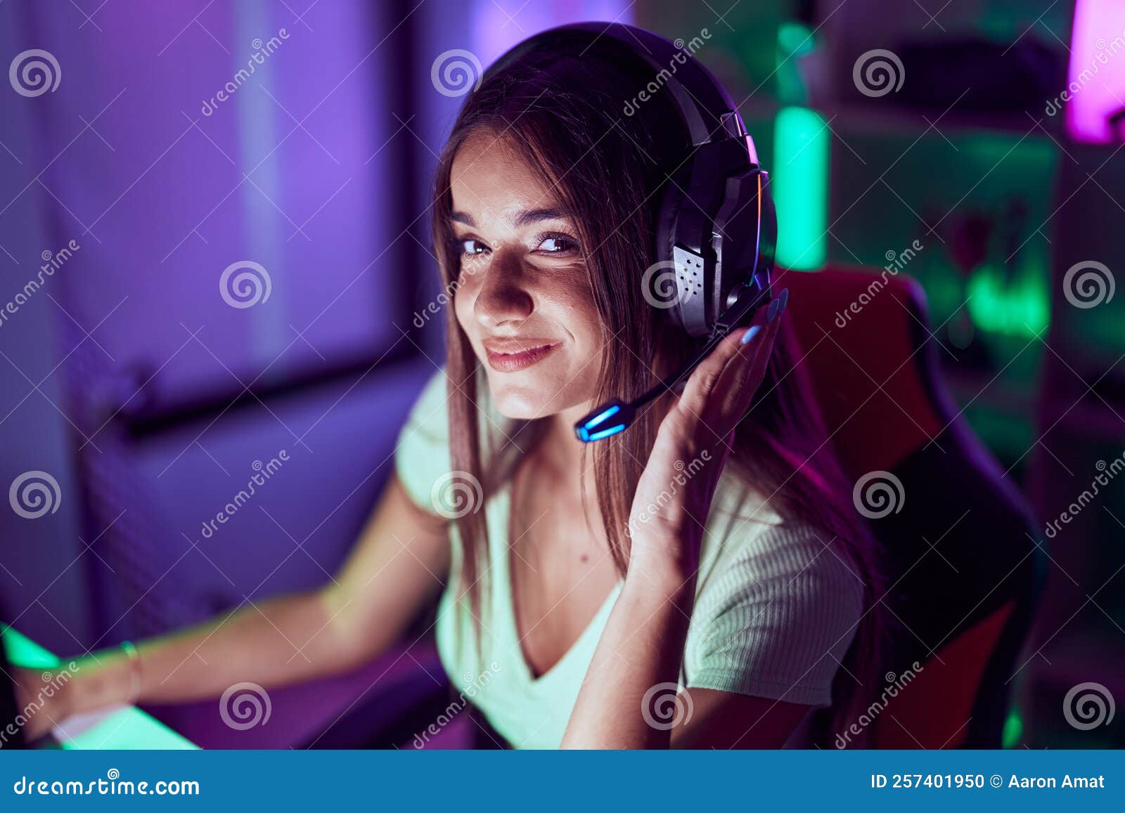 Young Beautiful Hispanic Woman Streamer Playing Video Game Using ...